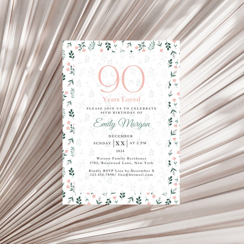 Pink Floral 90th Birthday Invitation, Ninetieth Birthday Card Invite ...