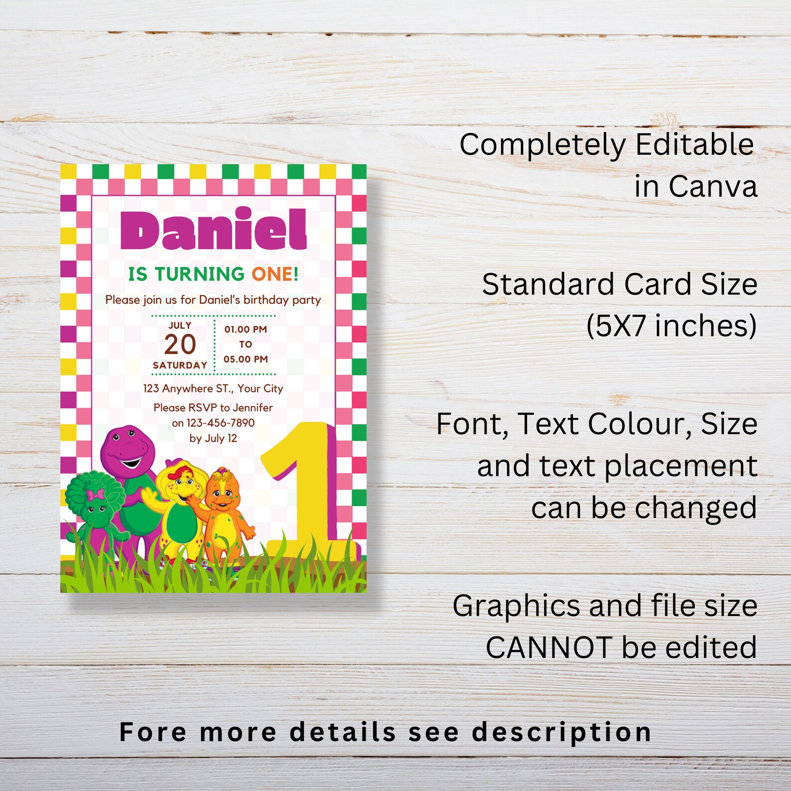 Barney Invitation Purple Dinosaur First Birthday 5X7 Card DIY Canva ...