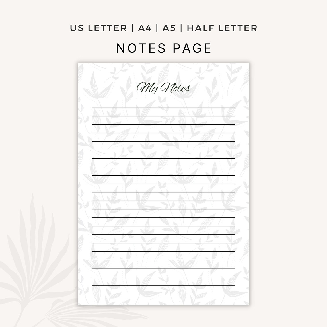 Note Taking Template Printable Modern Leaves Pattern Notes Page ...