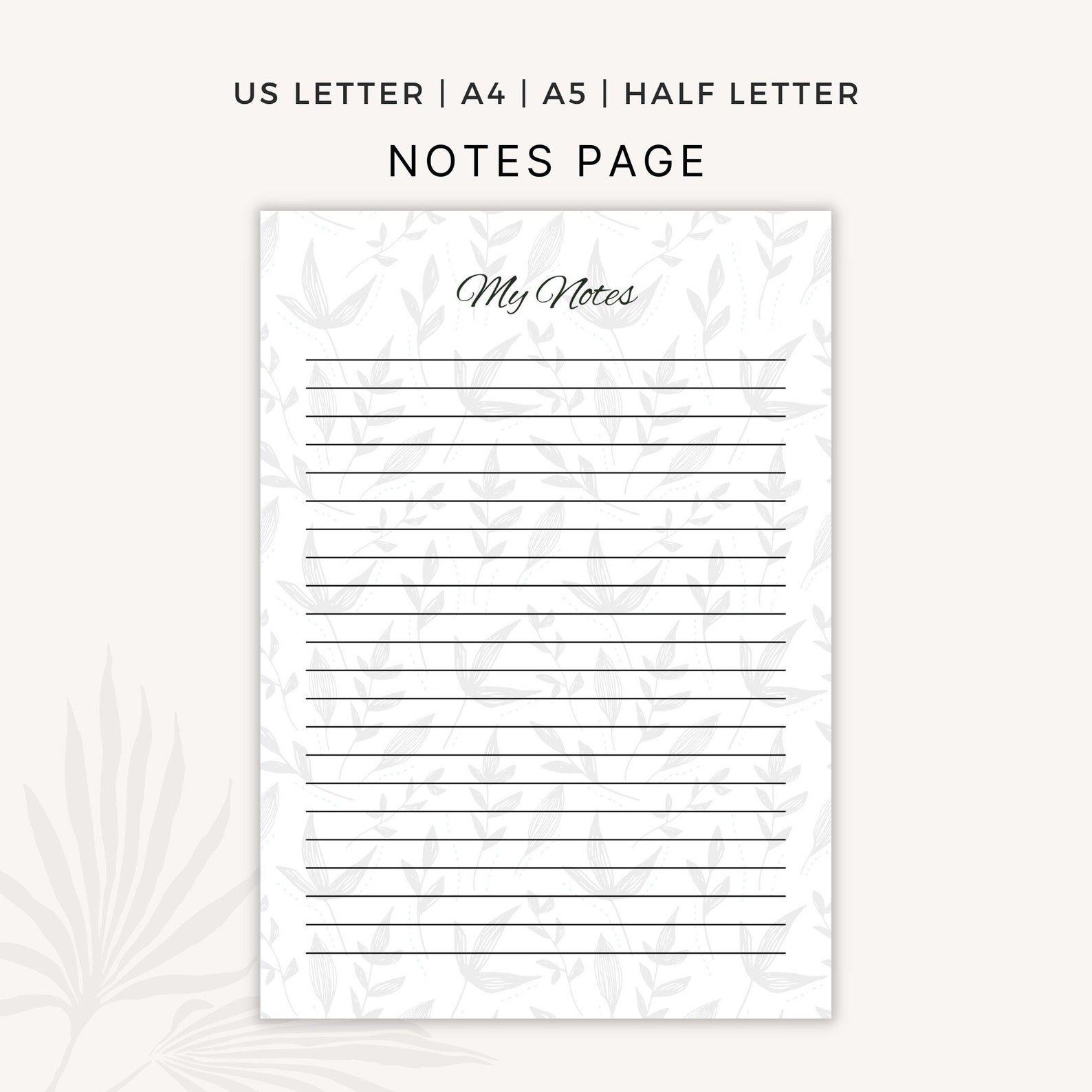 Note Taking Template Printable Modern Leaves Pattern Notes Page ...