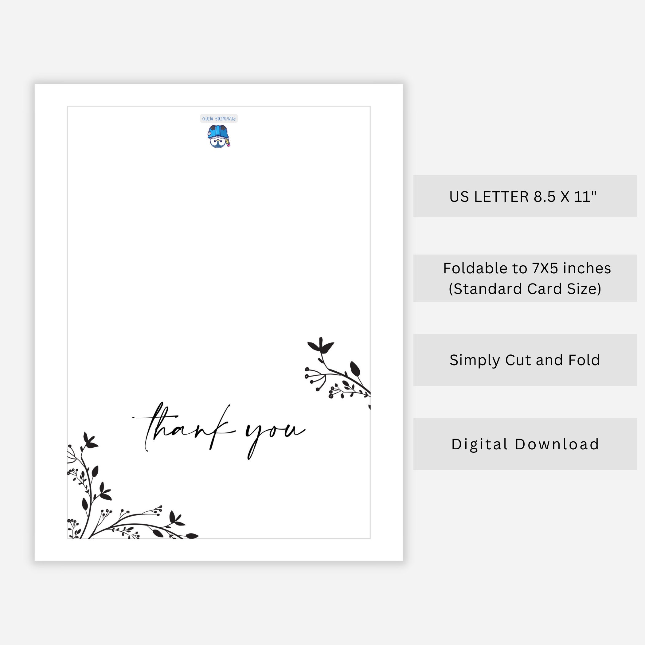 Black Floral Thank You Card Printable Thank You Note - Etsy