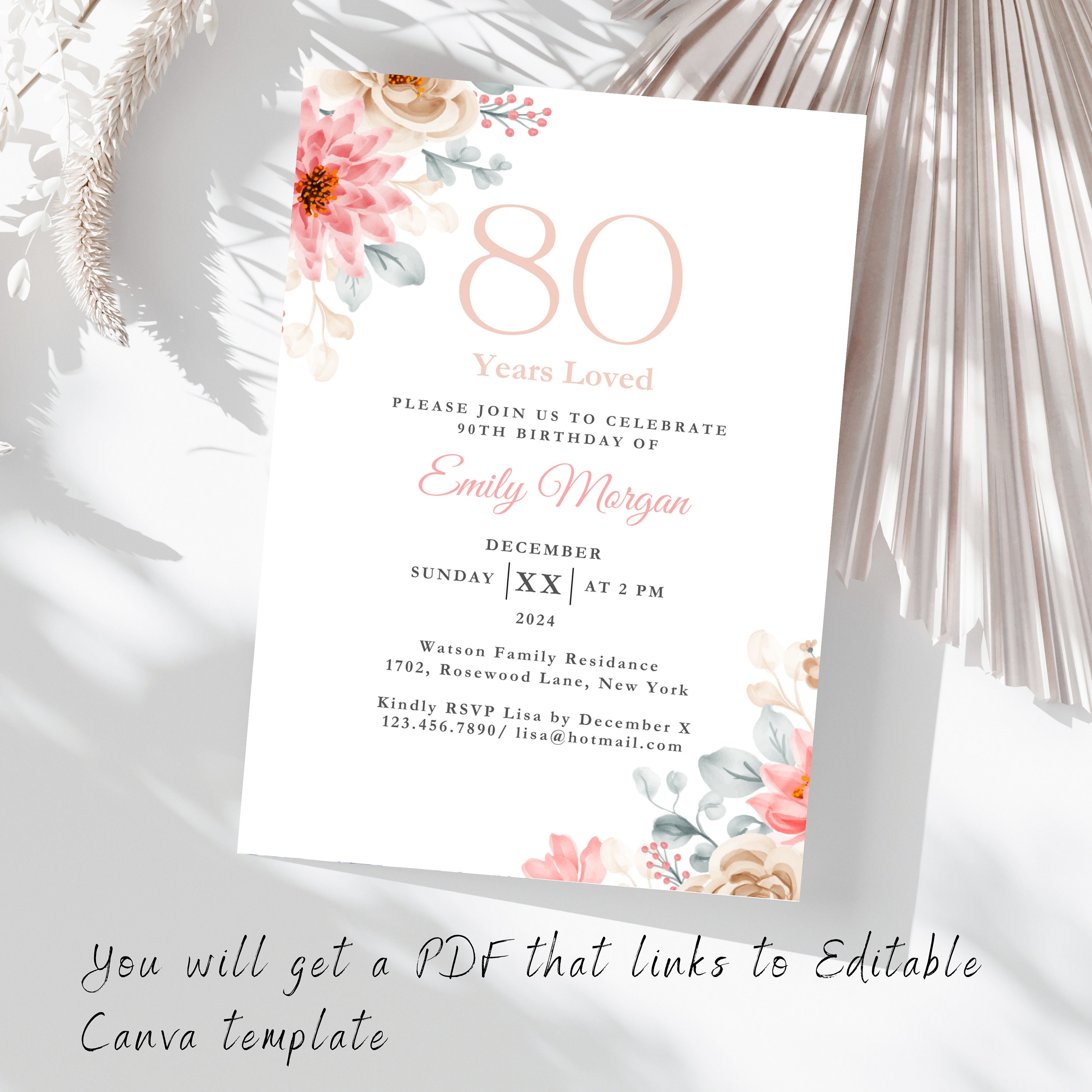 80th Birthday Invitation, Pink Floral Eightieth Card E-invite 5X7, 80 ...