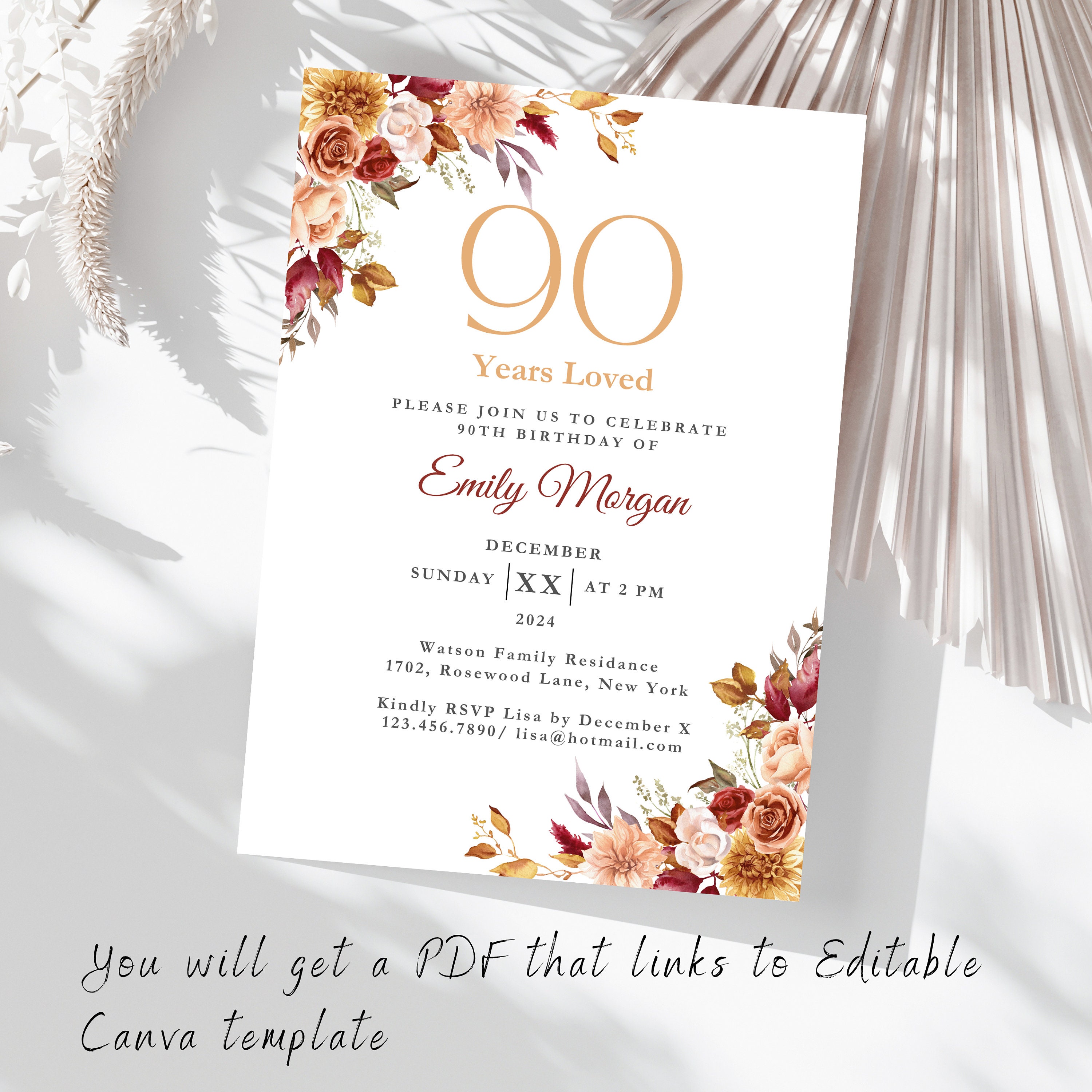 90th Birthday Invitation, Golden Red Ninetieth Card E-invite 5X7, 90s ...