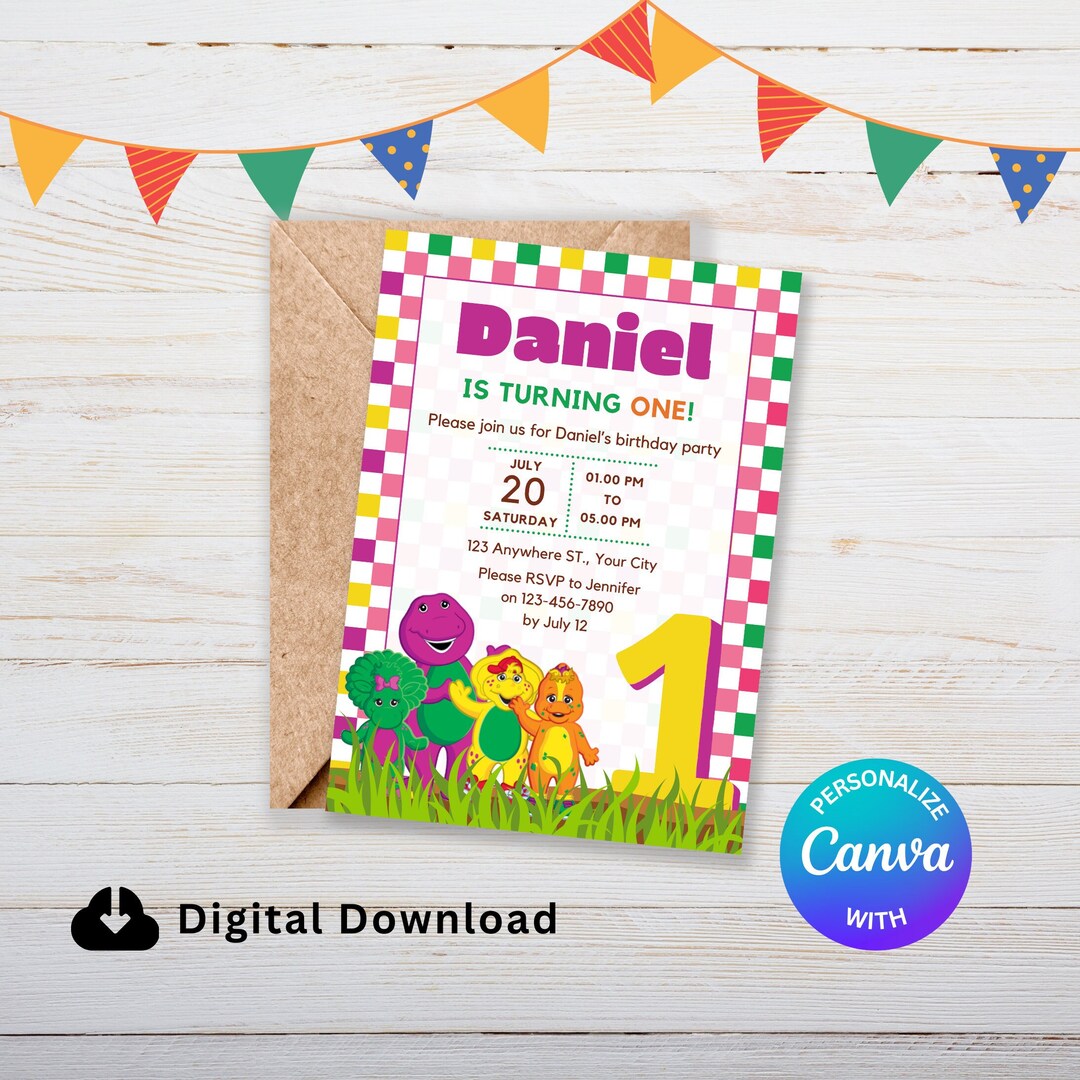 Barney Invitation Purple Dinosaur First Birthday 5X7 Card DIY Canva ...