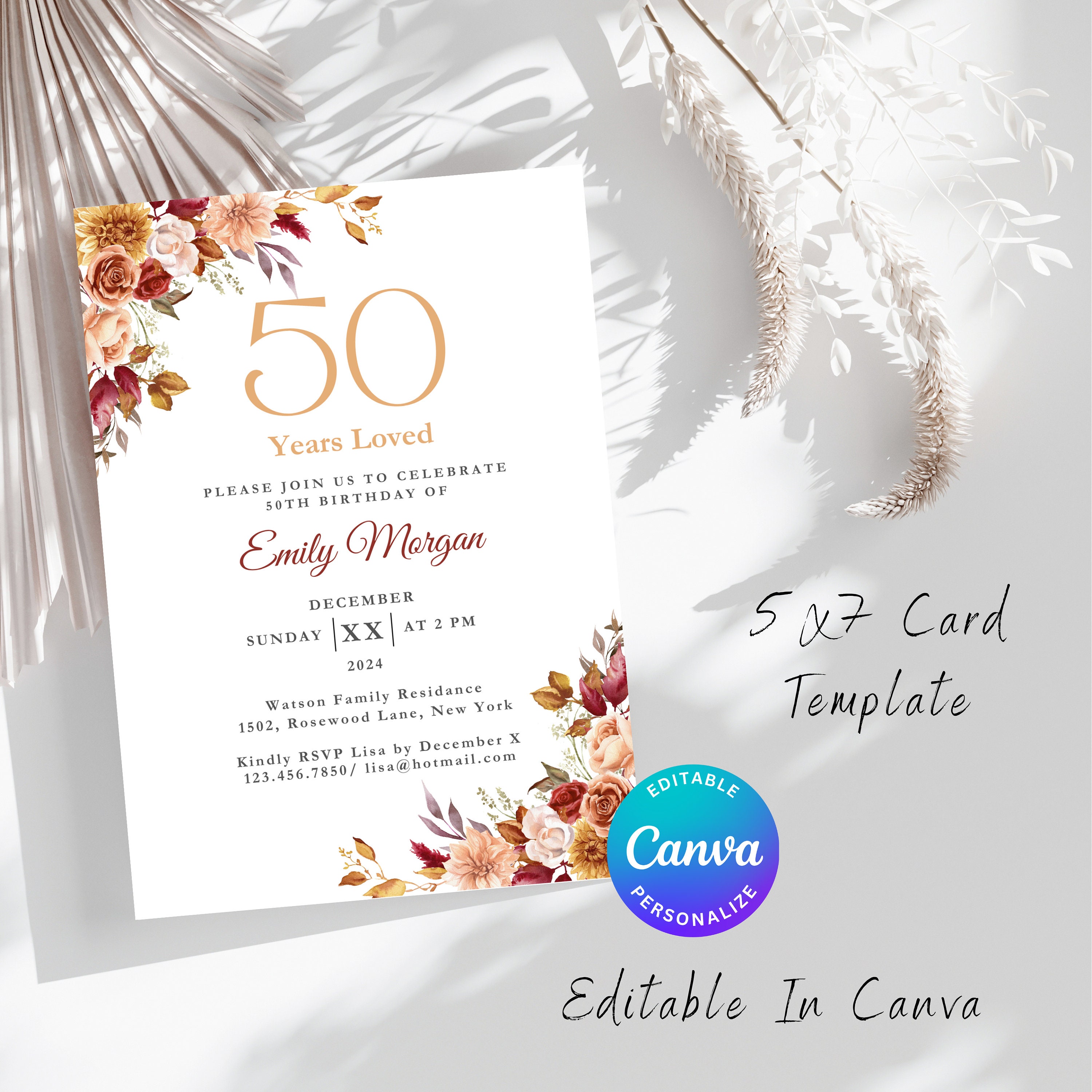 50th Birthday Invitation, Red Floral Fiftieth Card E-invite 5X7, 50s ...