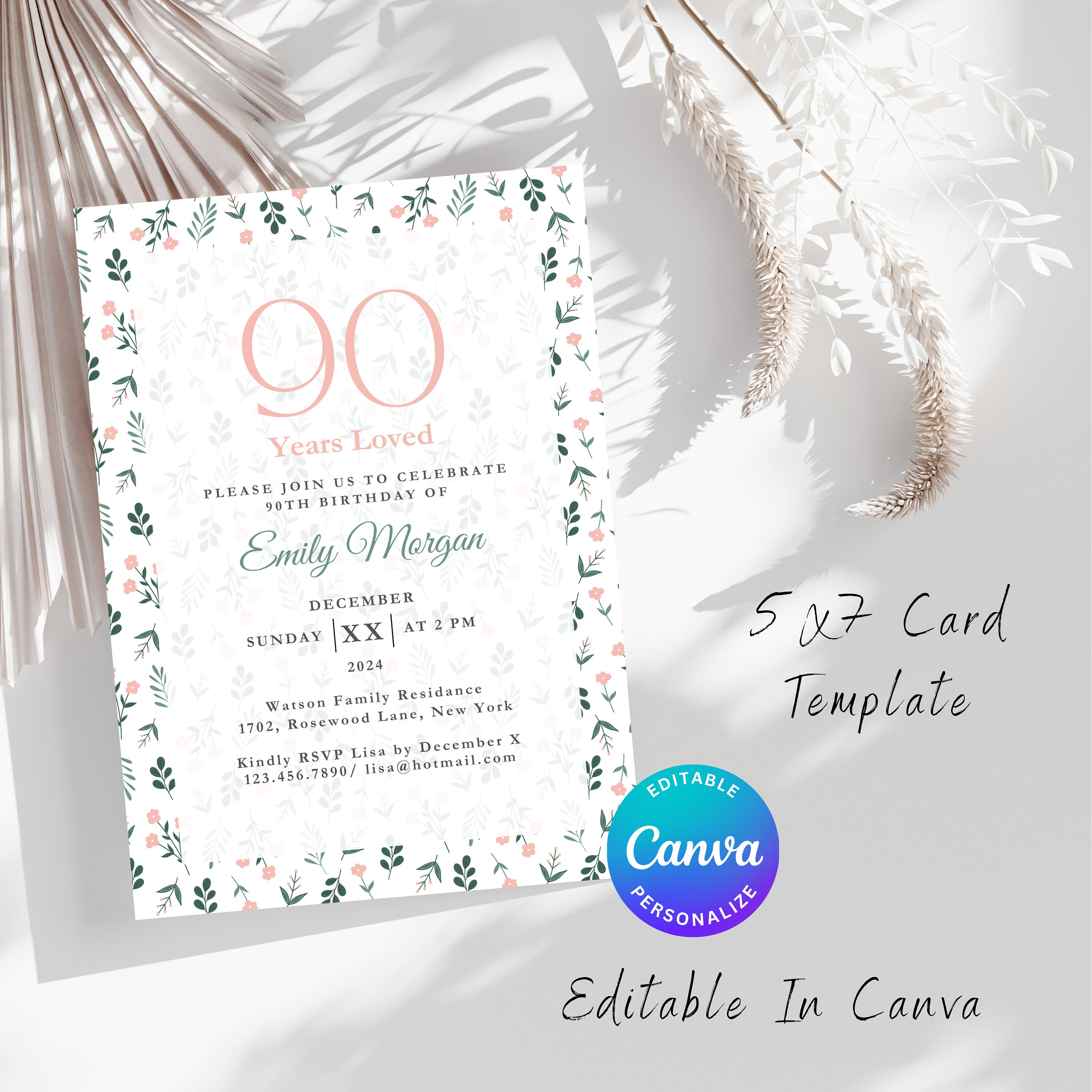 Pink Floral 90th Birthday Invitation, Ninetieth Birthday Card Invite ...