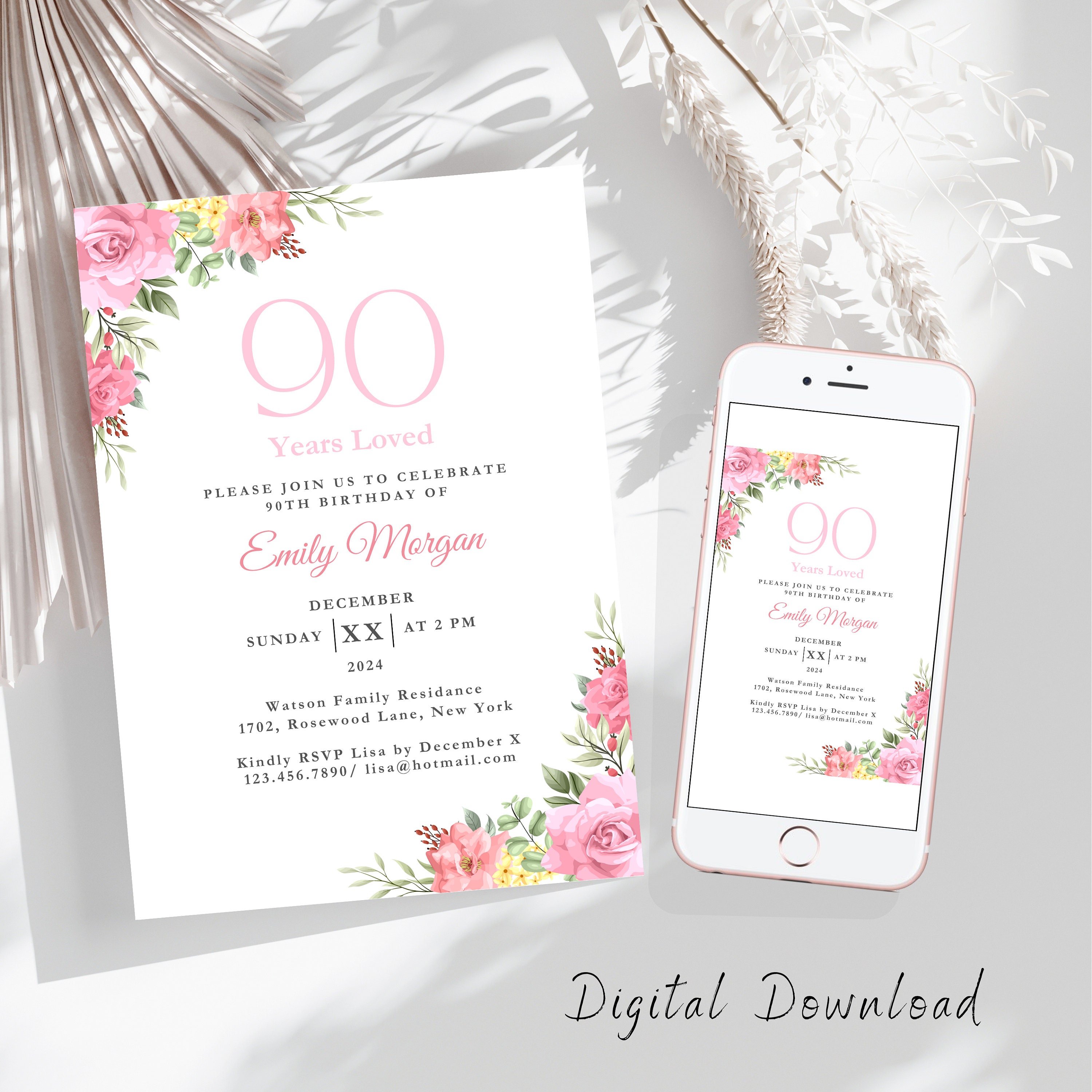 90th Birthday Invitation, Pink Floral Ninetieth Birthday Card Invite ...