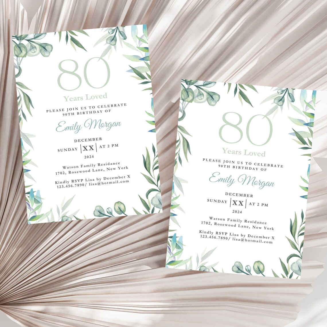 80th Birthday Invitation, Eucalyptus Eightieth Card E-invite 5X7, 80s ...
