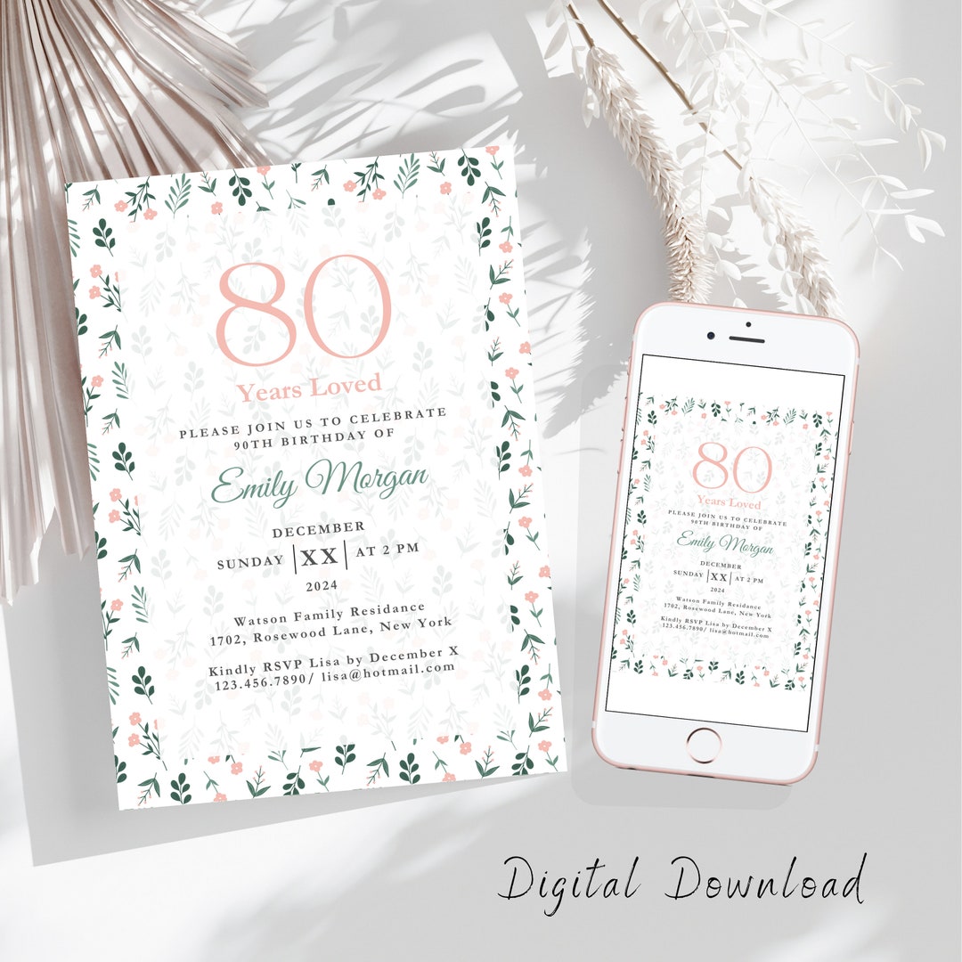 80th Birthday Invitation, Floral Pattern Eightieth Card E-invite 5X7 ...