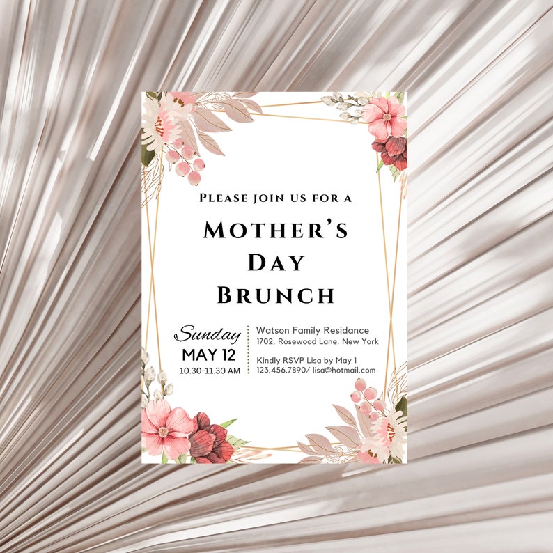Mothers Day Brunch Invitation Template Pink Floral Mothers Day ...