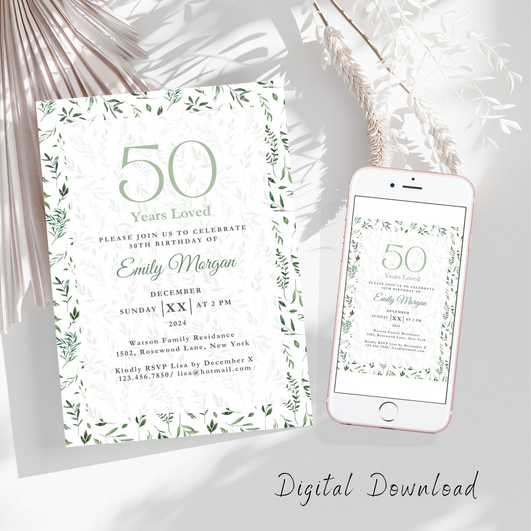 50th Birthday Invitation, Green Theme Fiftieth Card E-invite 5X7, 50s ...