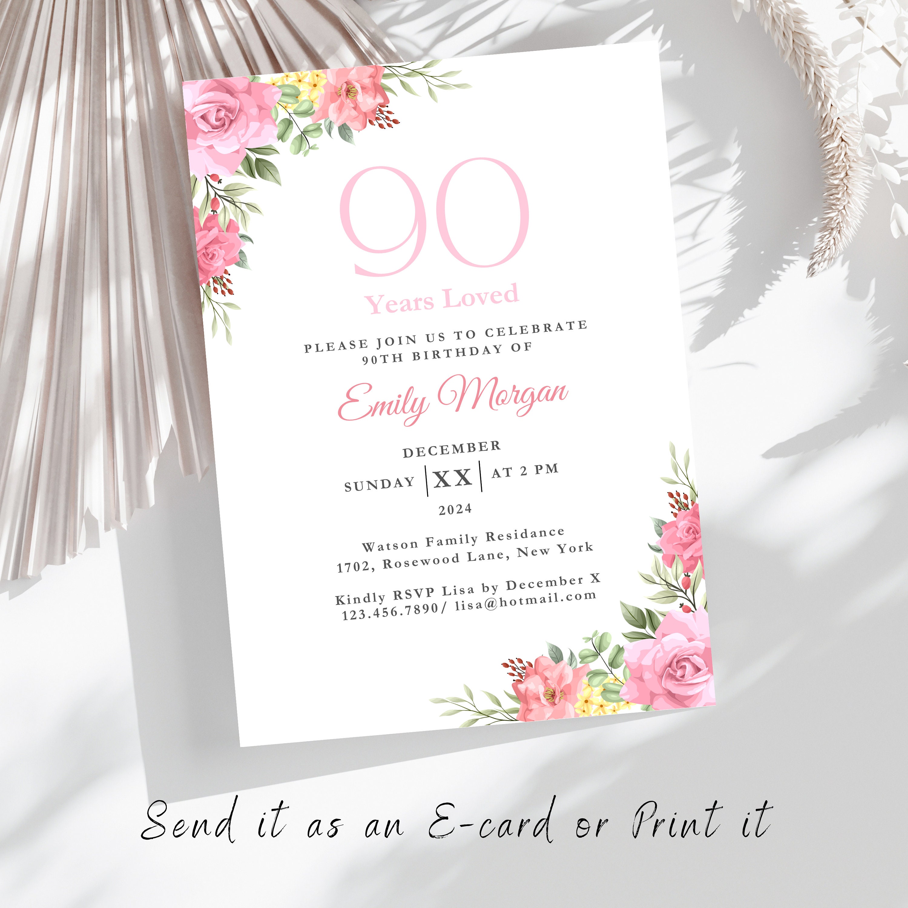 90th Birthday Invitation, Pink Floral Ninetieth Birthday Card Invite ...