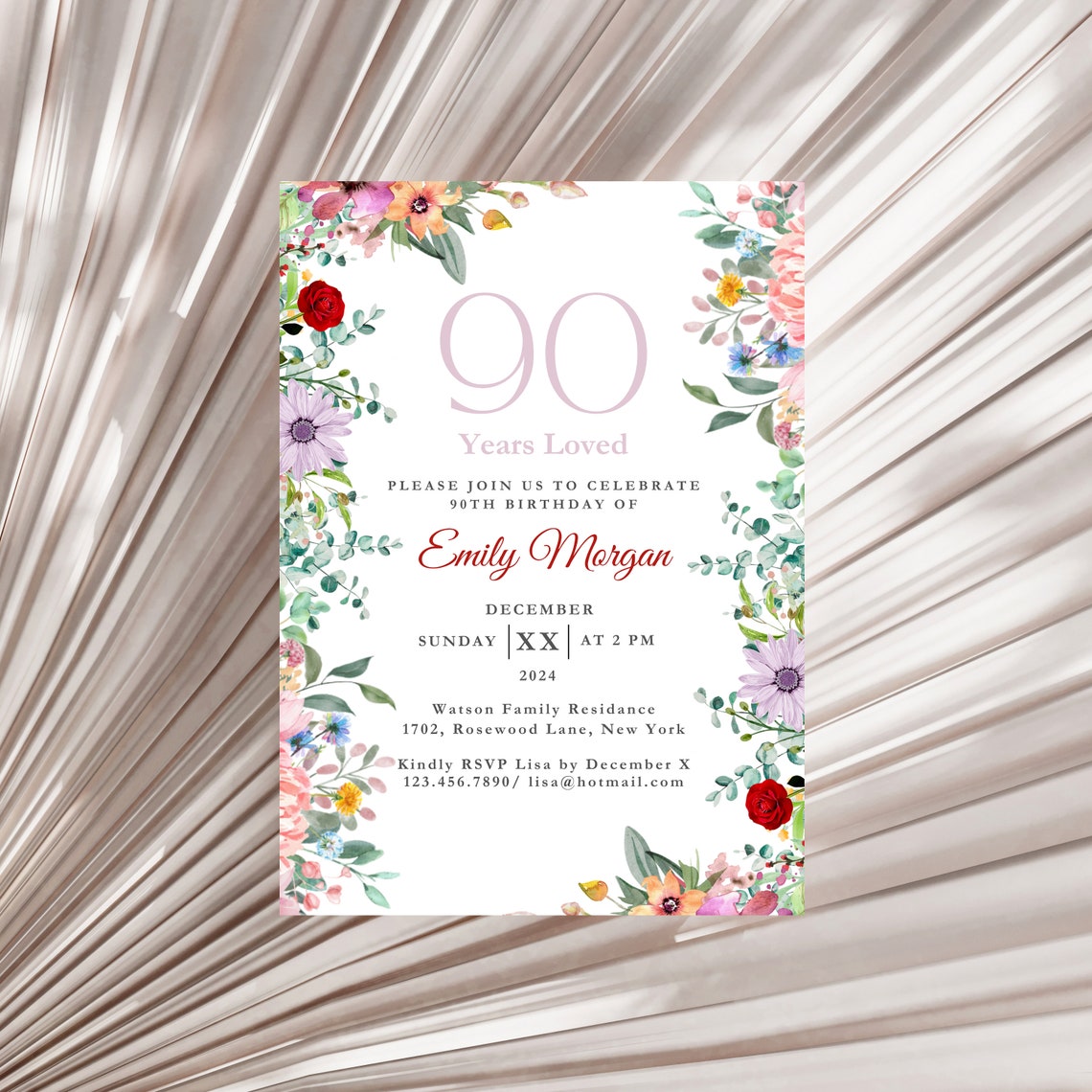 Floral 90th Birthday Invitation Colourful Ninetieth Card E-invite 5X7 ...
