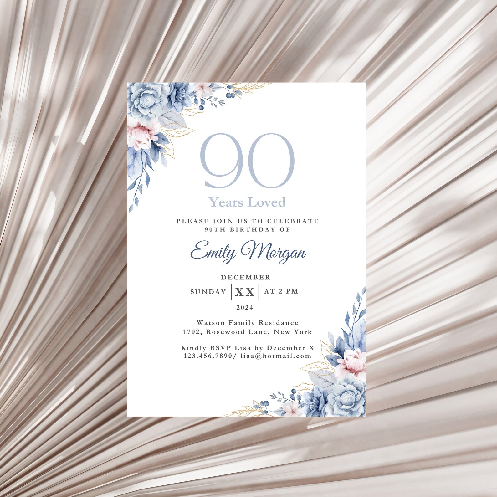 Dusty Blue 90th Birthday Invitation, Ninetieth Card E-invite 5X7, 90s ...