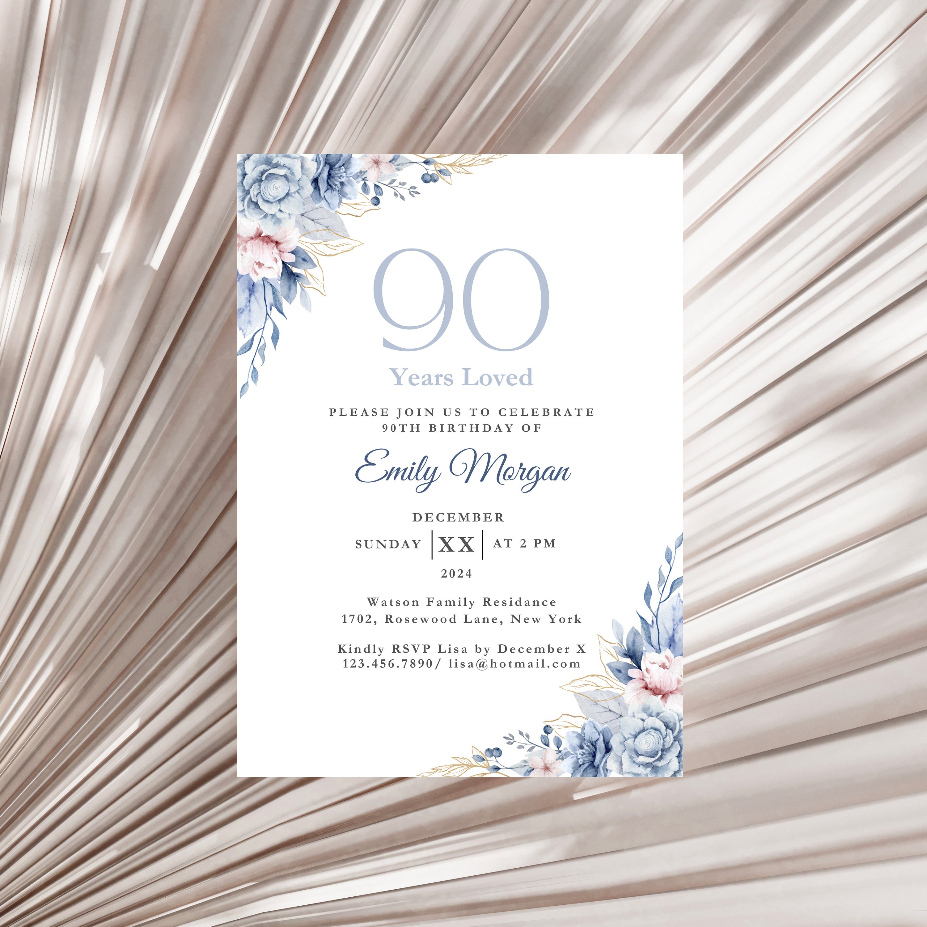 Dusty Blue 90th Birthday Invitation, Ninetieth Card E-invite 5X7, 90s ...