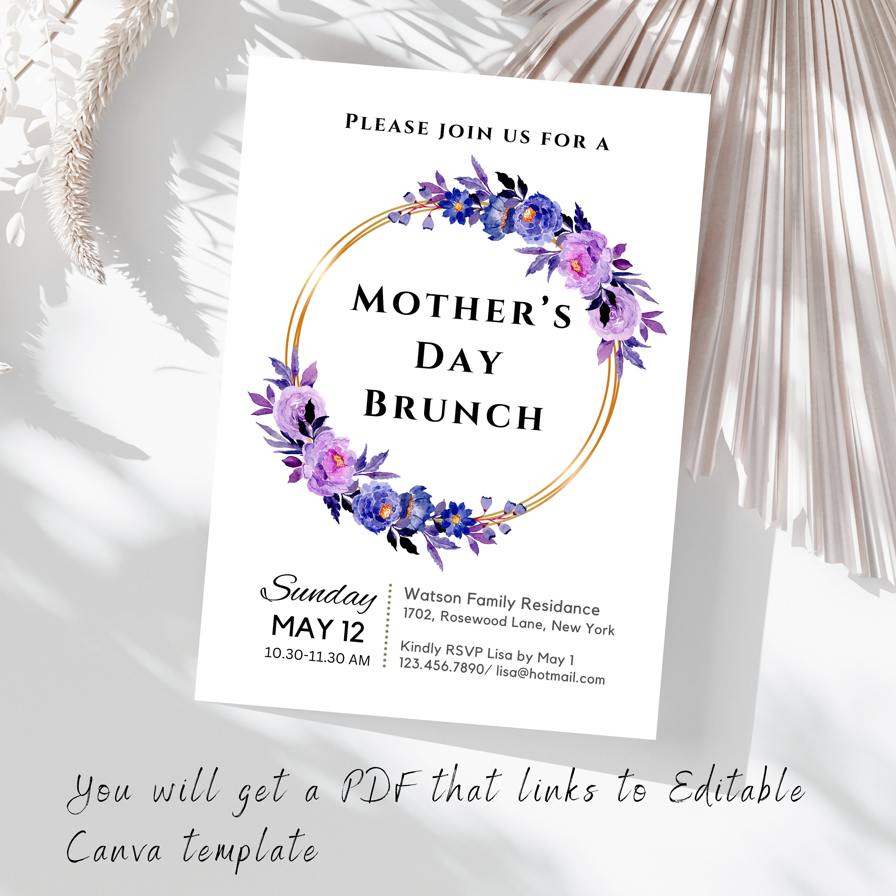 Mothers Day Brunch Invitation Template Purple Floral Mothers Day ...