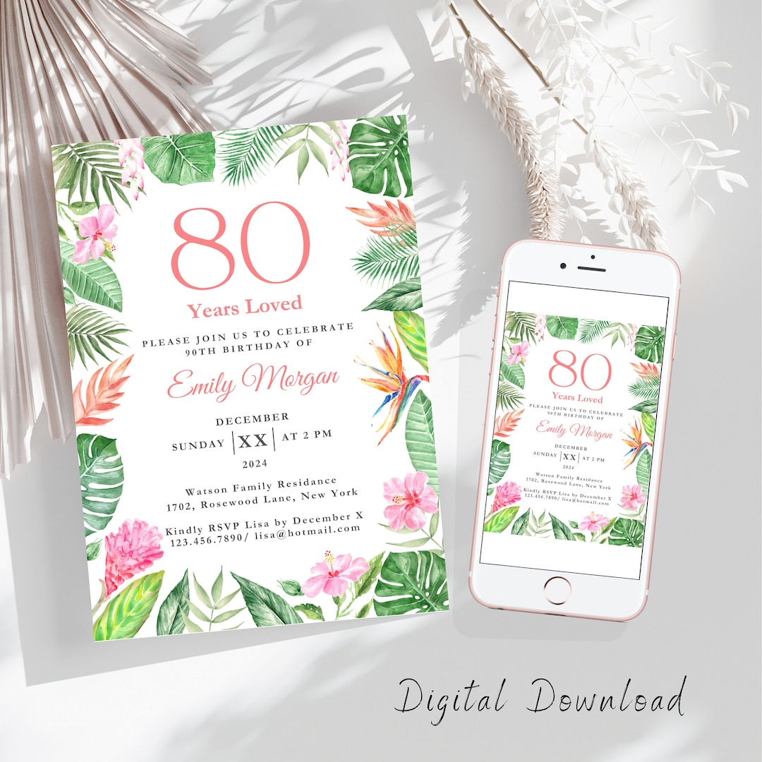 80th Birthday Invitation, Pink Floral Eightieth Card E-invite 5X7, 80s ...