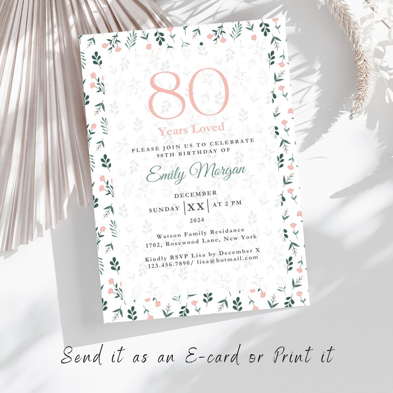 80th Birthday Invitation, Floral Pattern Eightieth Card E-invite 5X7 ...