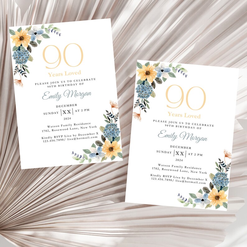 Floral 90th Birthday Invitation, Yellow Ninetieth Card E-invite 5X7 ...