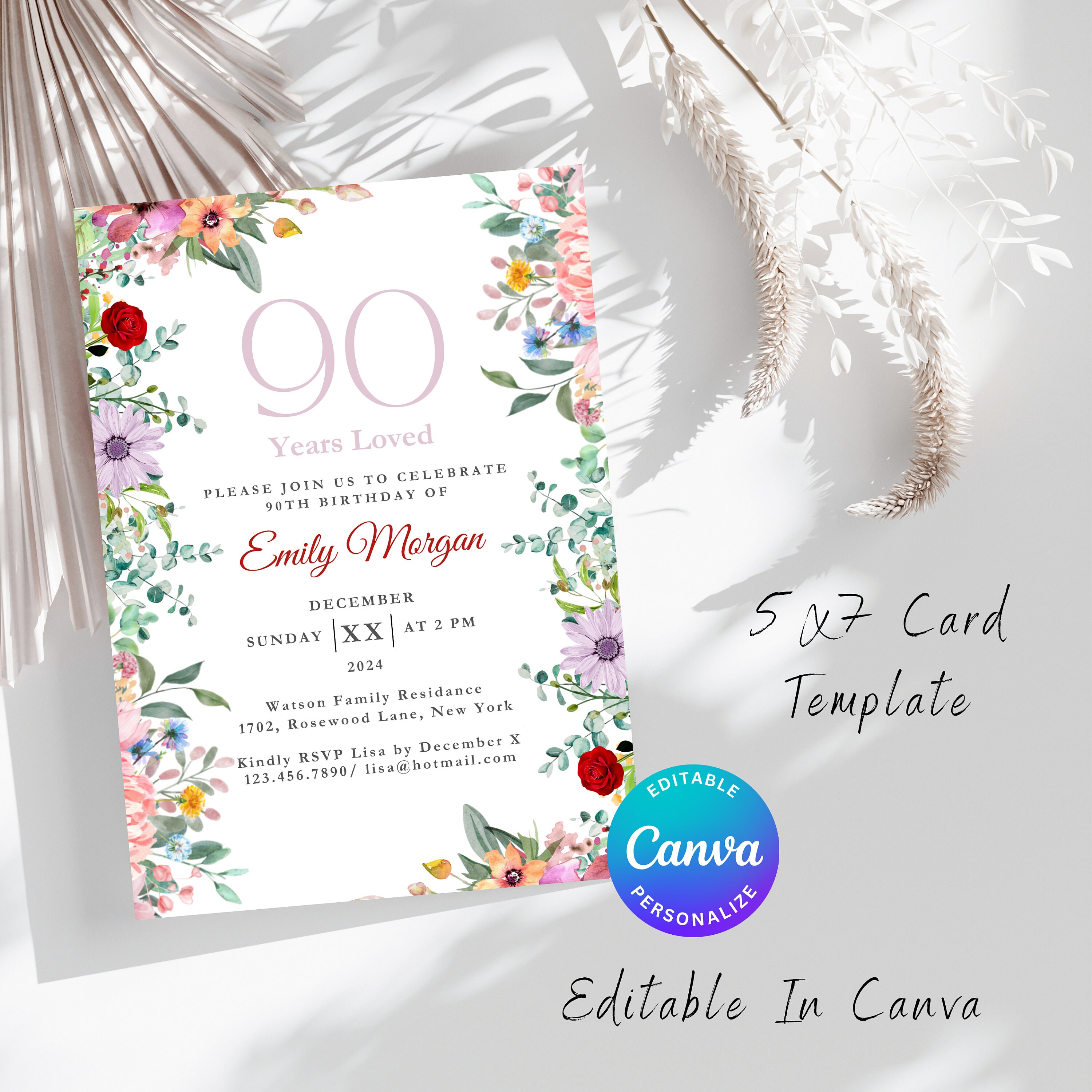 Floral 90th Birthday Invitation Colourful Ninetieth Card E-invite 5X7 ...