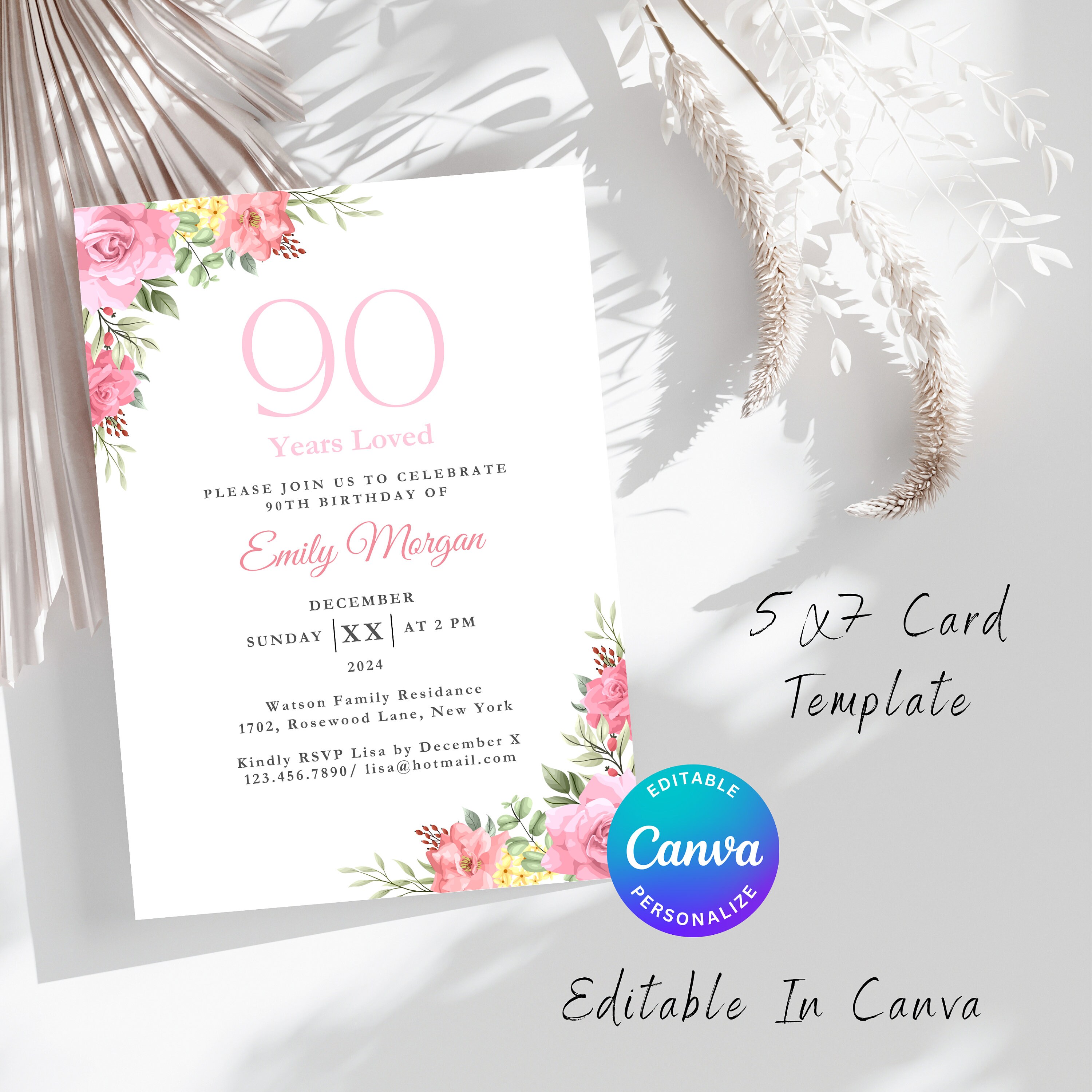 90th Birthday Invitation, Pink Floral Ninetieth Birthday Card Invite ...