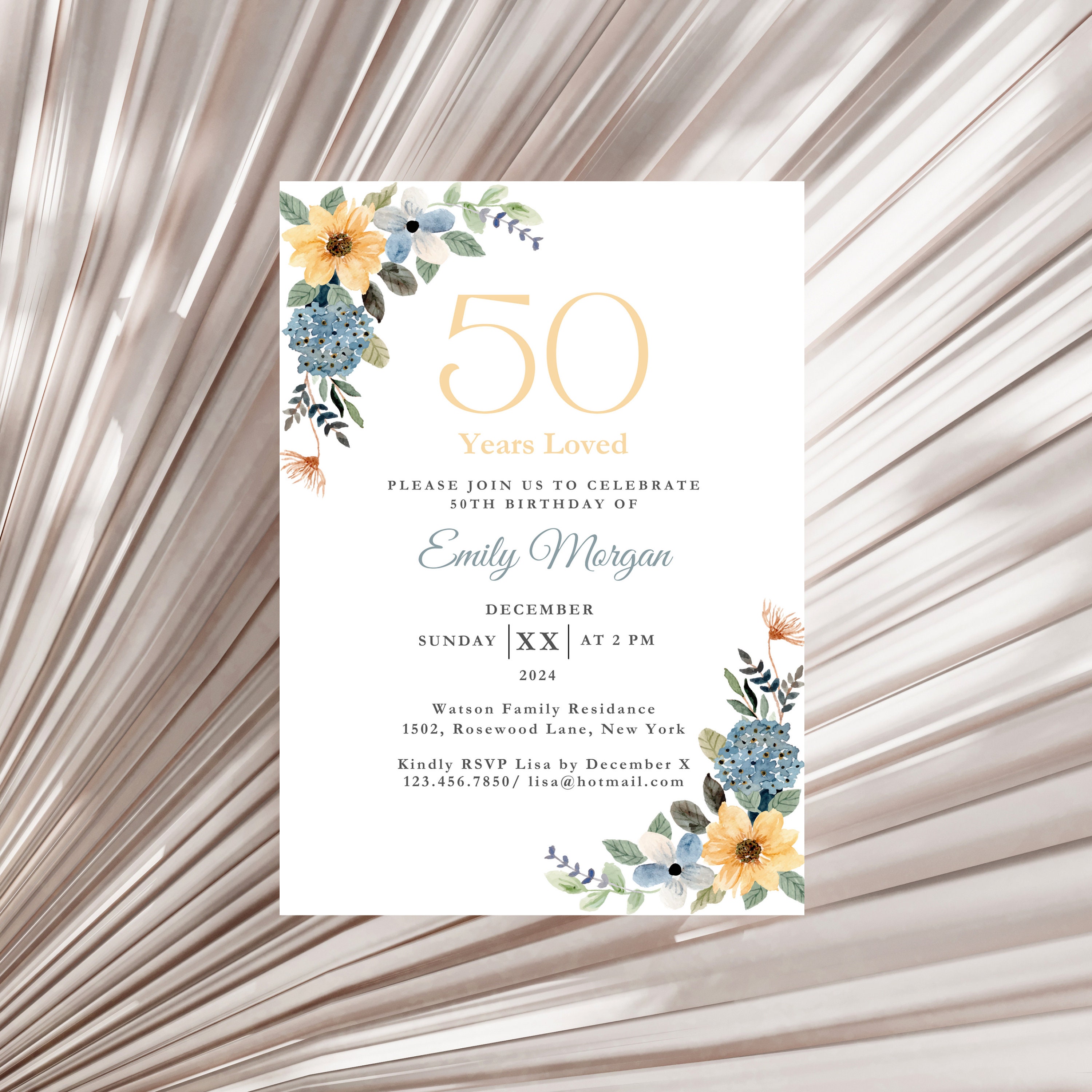 50th Birthday Invitation, Floral Yellow Fiftieth Card E-invite 5X7, 50s ...