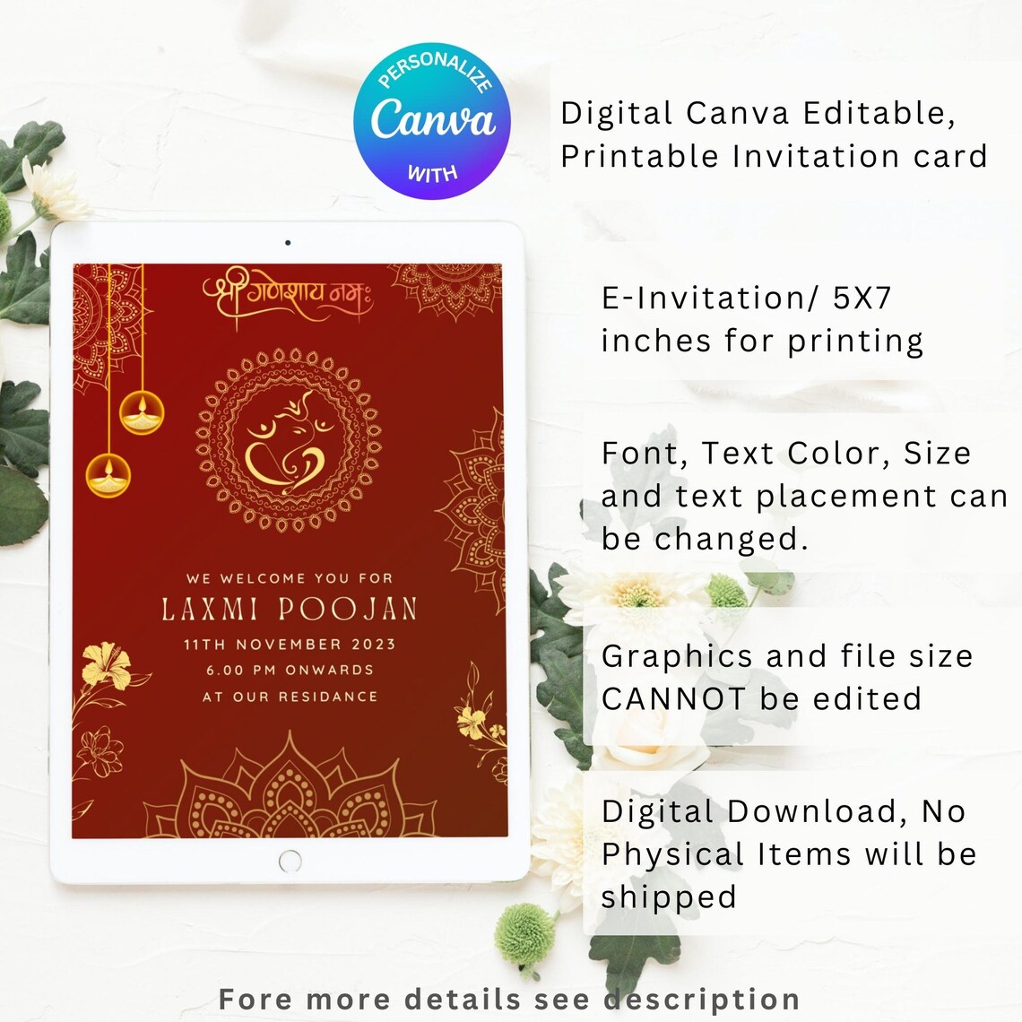 Editable Diwali Invitation Card Template Printable Diwali Invite Laxmi ...