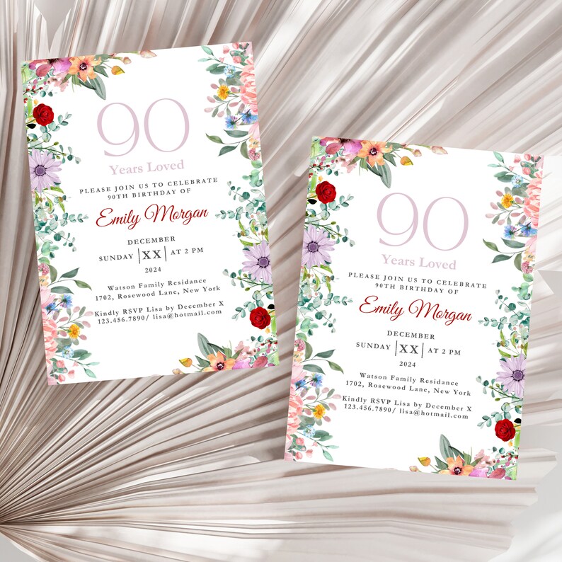 Floral 90th Birthday Invitation Colourful Ninetieth Card E-invite 5X7 ...