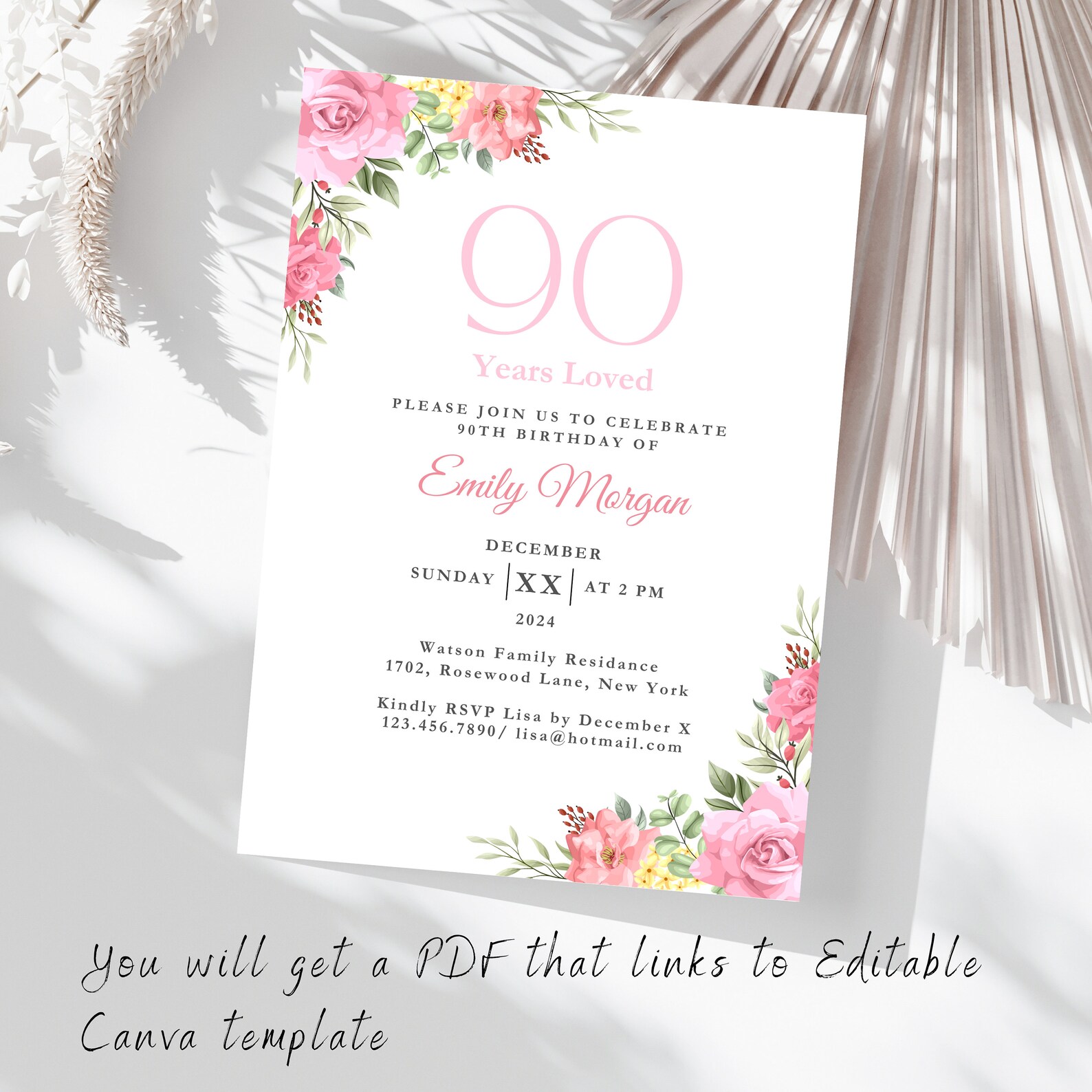 90th Birthday Invitation, Pink Floral Ninetieth Birthday Card Invite ...