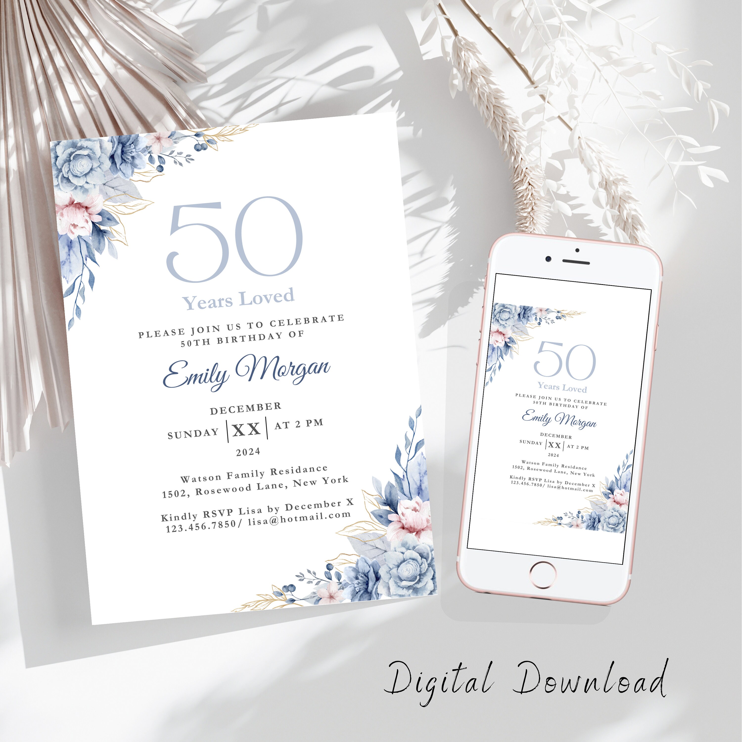50th Birthday Invitation, Dusty Blue Fiftieth Card E-invite 5X7, 50s ...