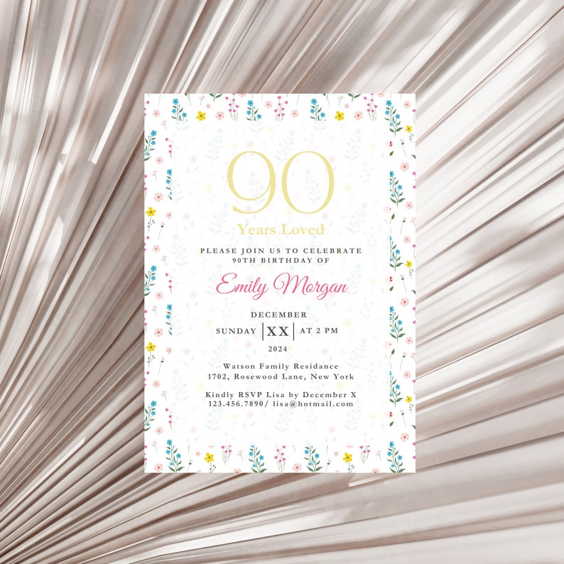 Floral 90th Birthday Invitation, Pink Ninetieth Card E-invite 5X7, 90s ...