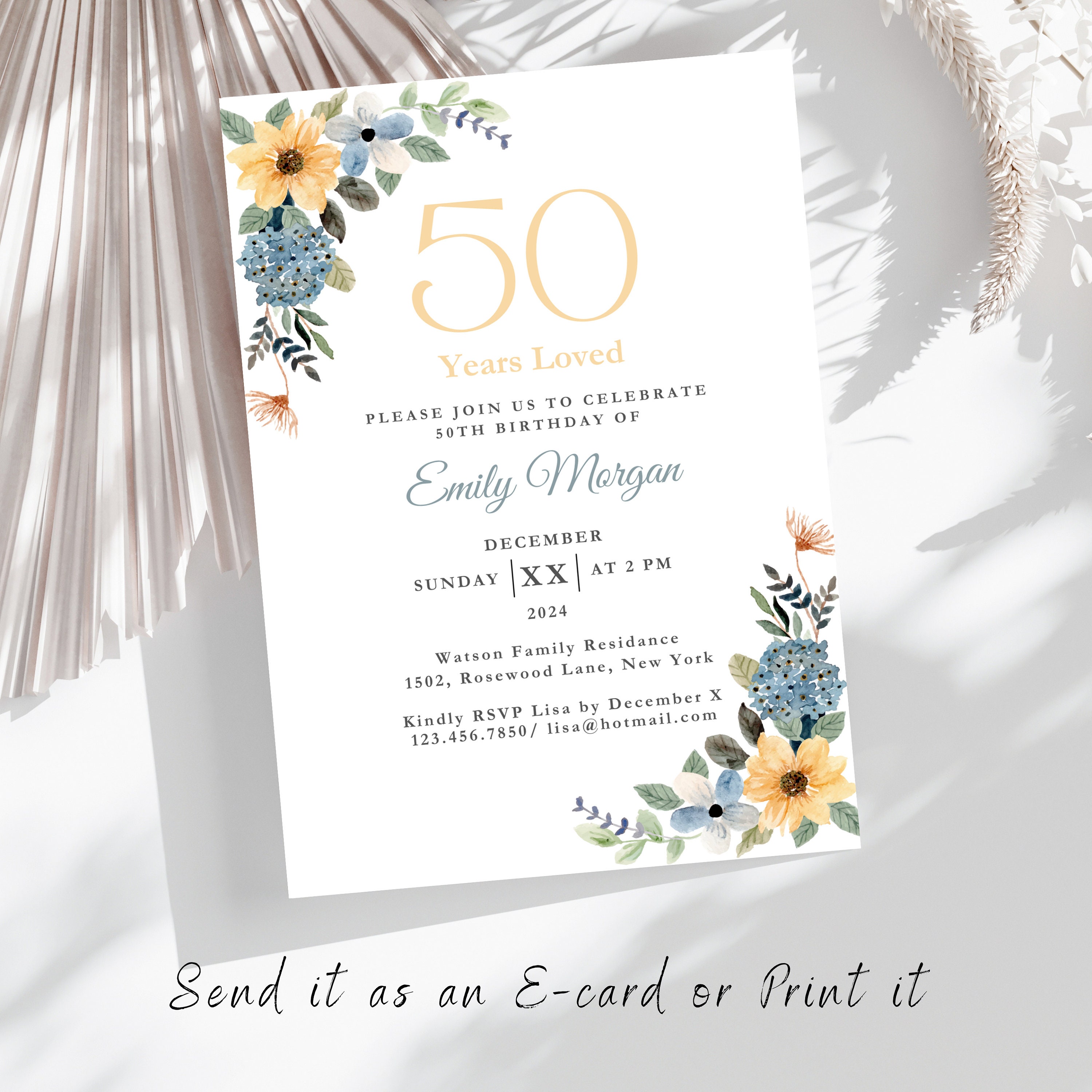 50th Birthday Invitation, Floral Yellow Fiftieth Card E-invite 5X7, 50s ...