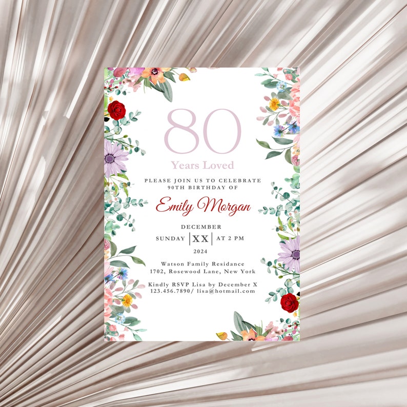 80th Birthday Invitation, Colorful Floral Eightieth Card E-invite 5X7 ...