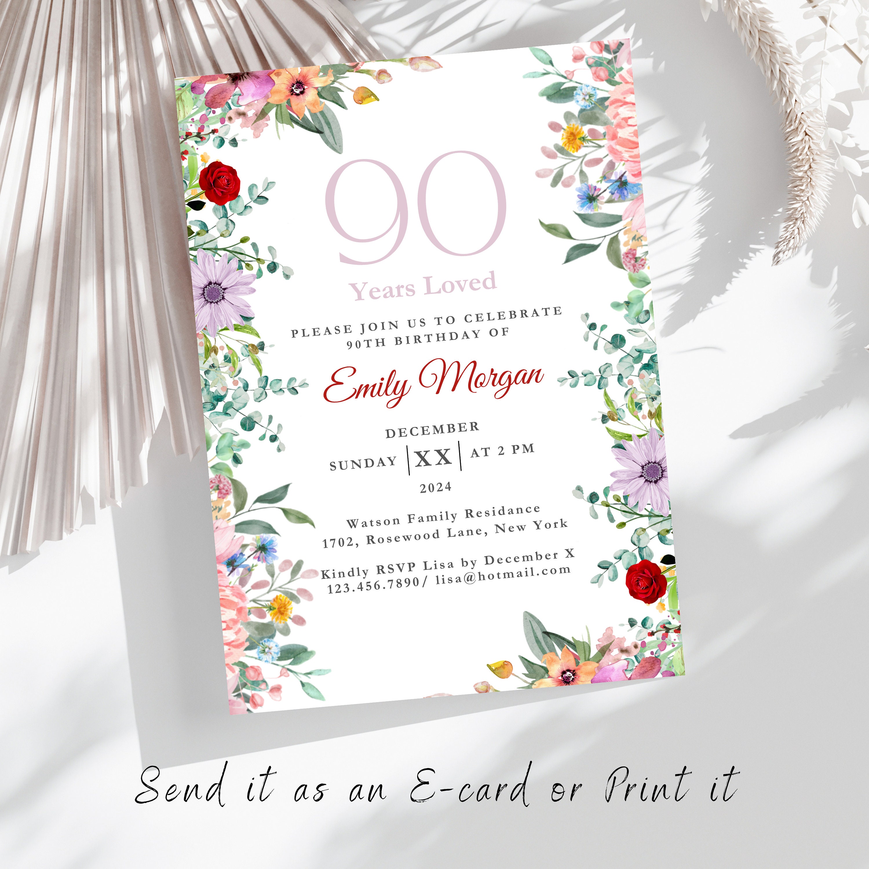 Floral 90th Birthday Invitation Colourful Ninetieth Card E-invite 5X7 ...