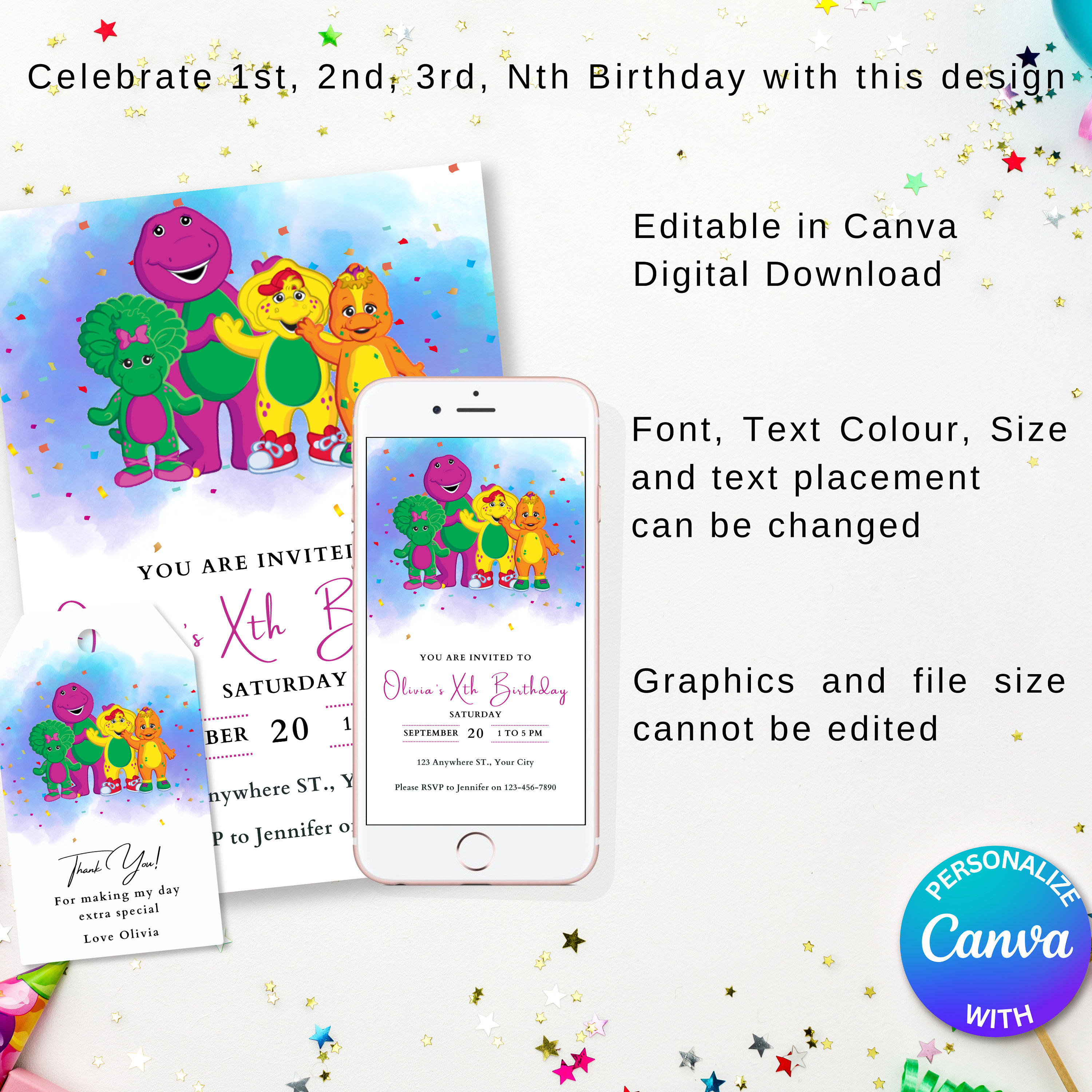 Barney Birthday Invitation, Purple Dinosaur Birthday Card, DIY Canva ...