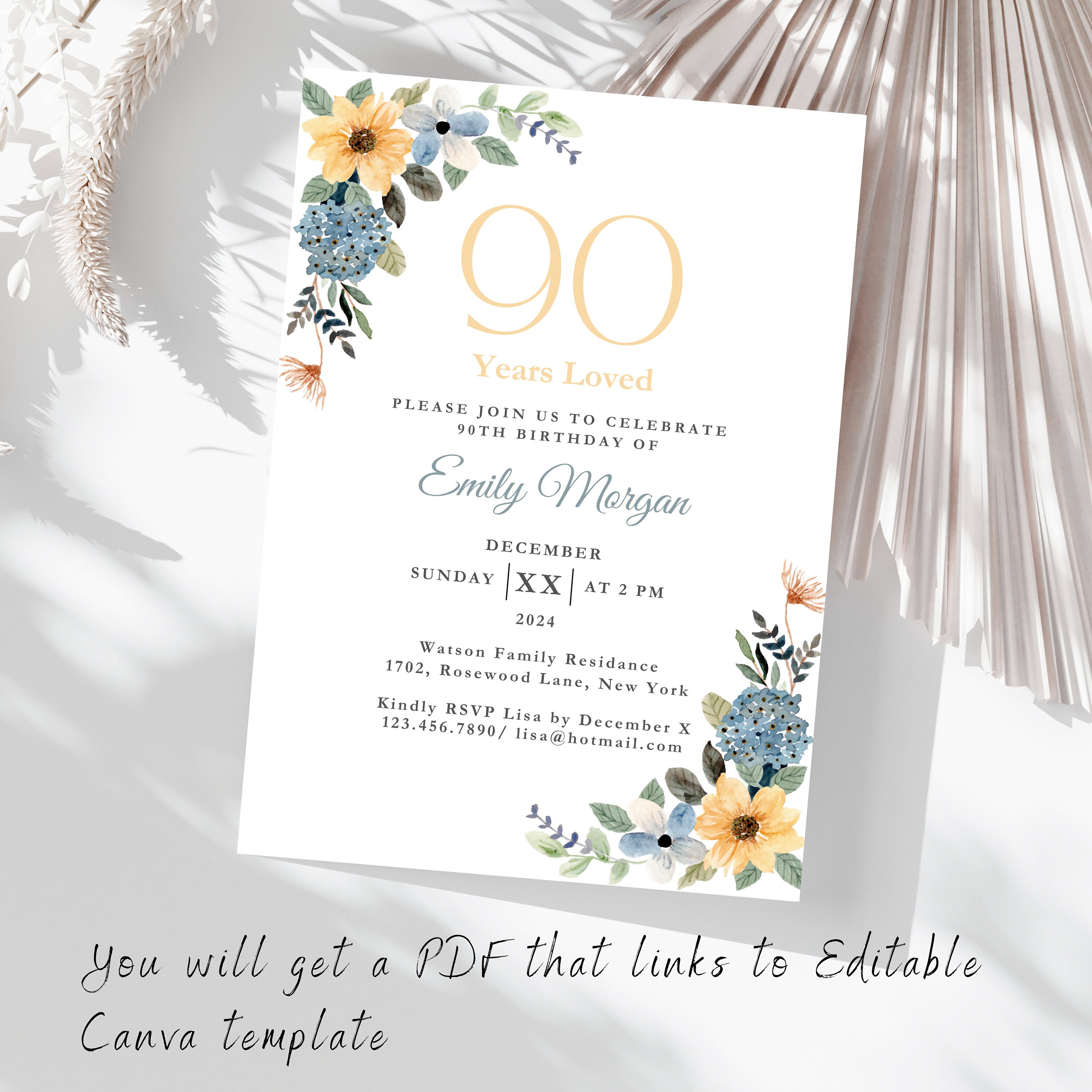 Floral 90th Birthday Invitation, Yellow Ninetieth Card E-invite 5X7 ...