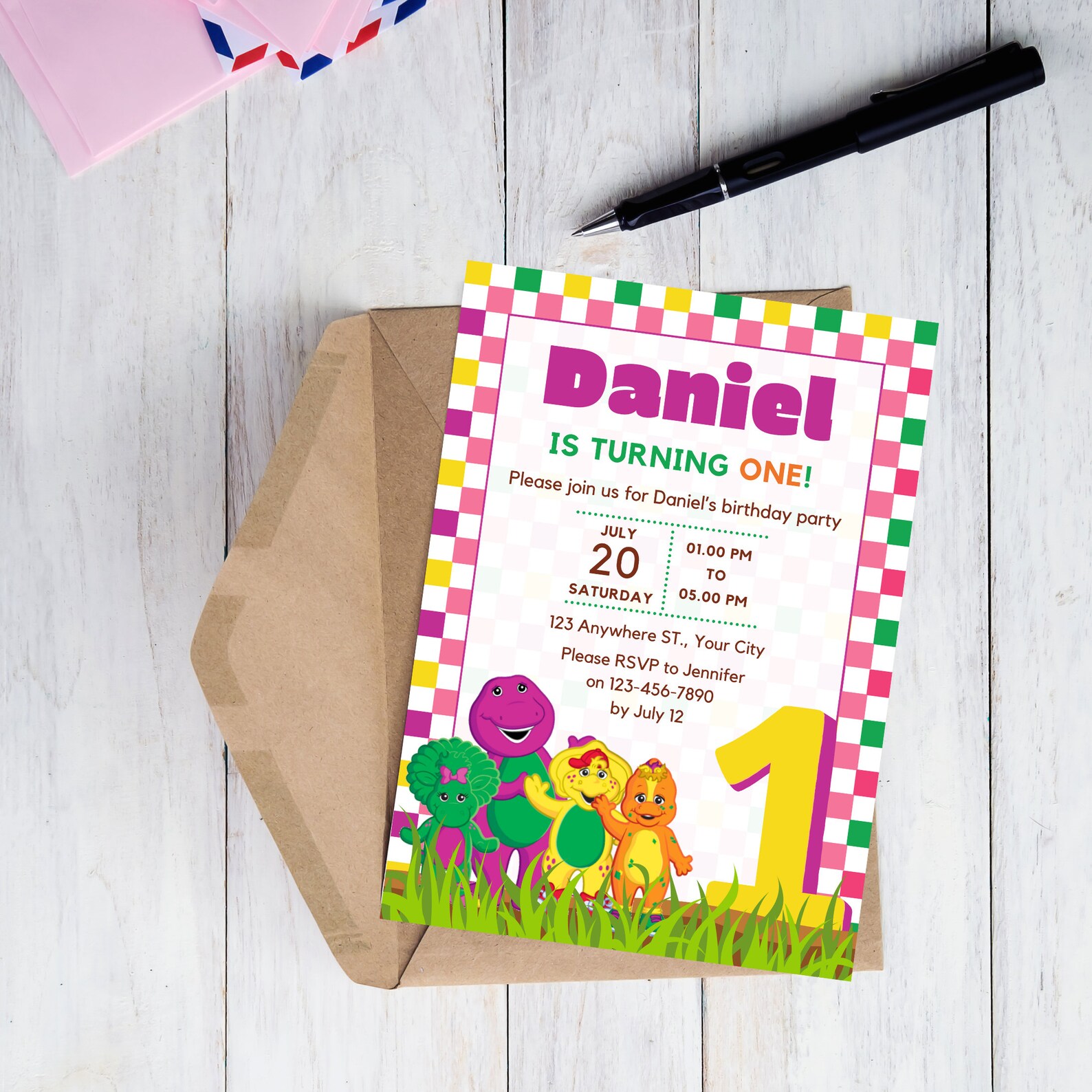 Barney Invitation Purple Dinosaur First Birthday 5X7 Card DIY Canva ...