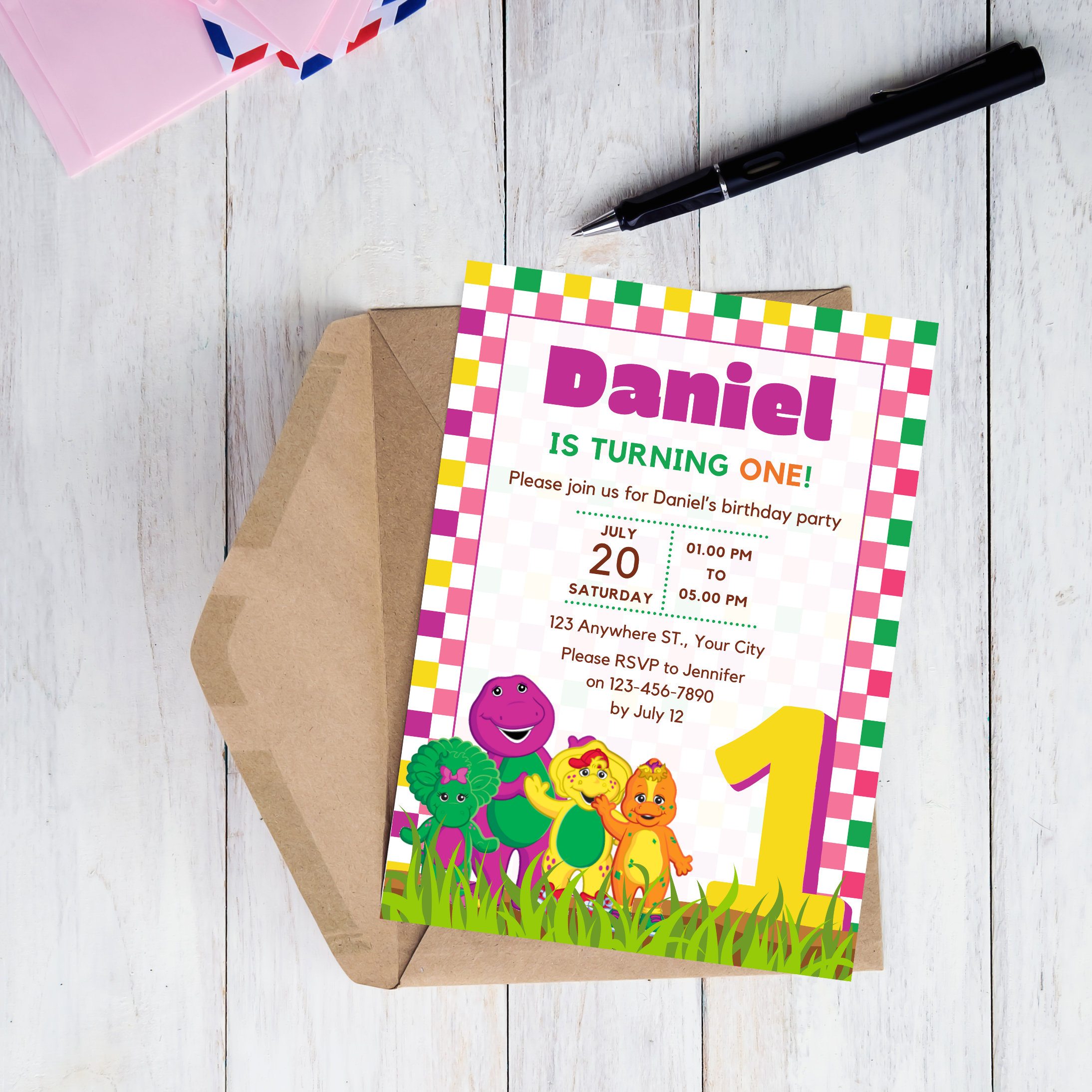 Barney Invitation Purple Dinosaur First Birthday 5X7 Card DIY Canva ...