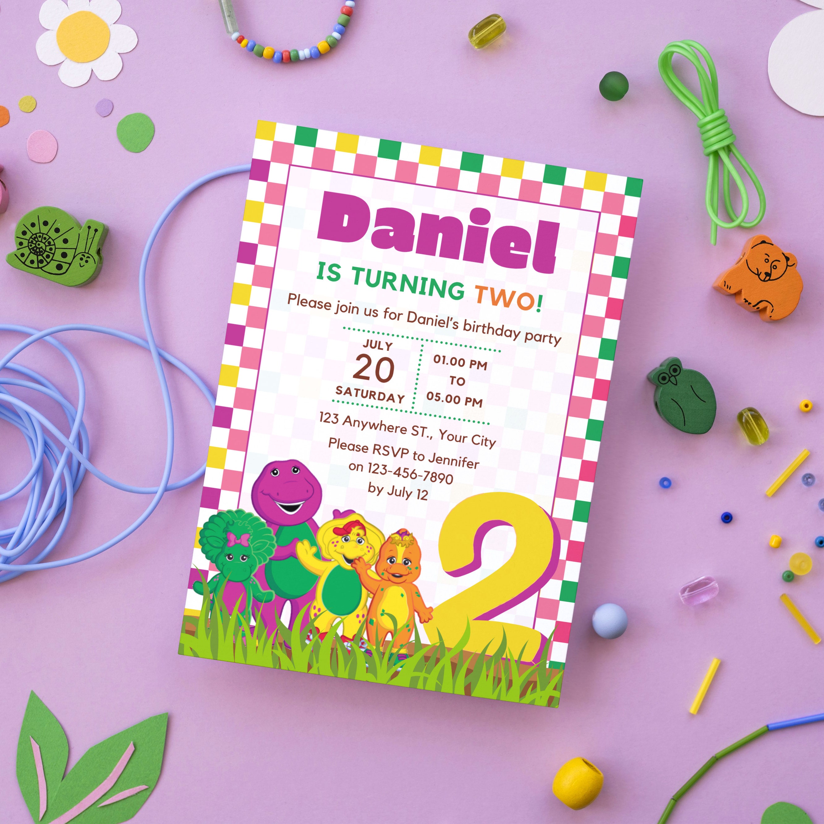 Barney Invitation Purple Dinosaur Second Birthday 5X7 Card DIY Canva ...