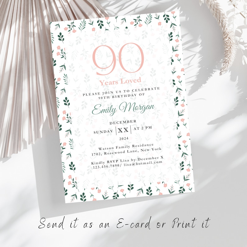 Pink Floral 90th Birthday Invitation, Ninetieth Birthday Card Invite ...