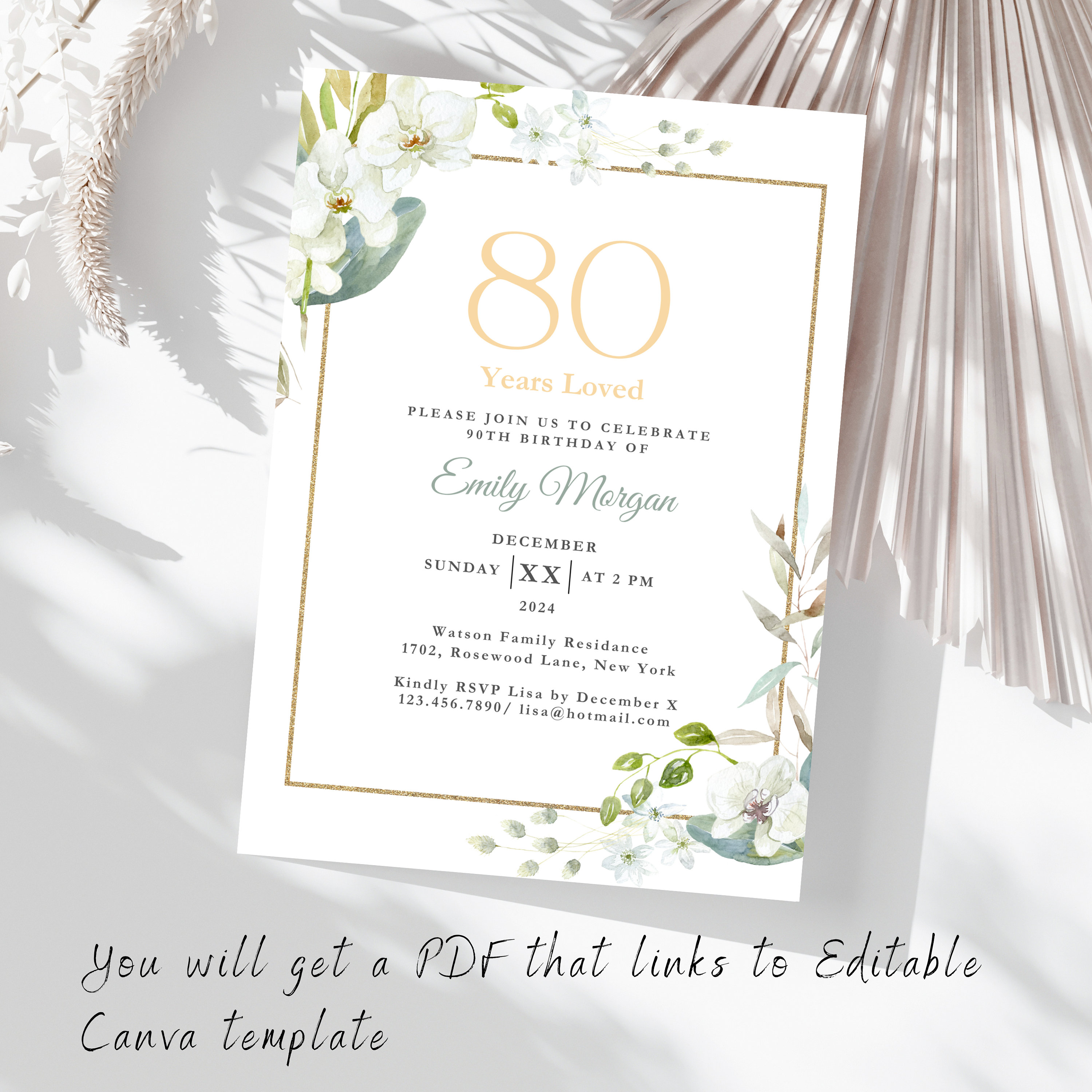 80th Birthday Invitation, White Floral Eightieth Card E-invite 5X7, 80s ...