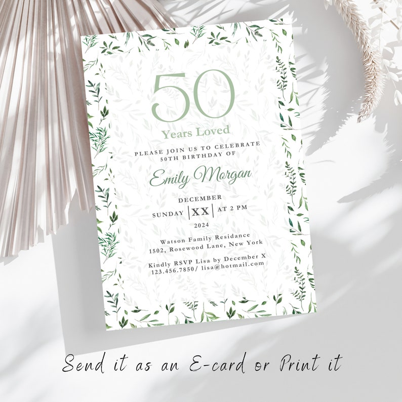 50th Birthday Invitation, Green Theme Fiftieth Card E-invite 5X7, 50s ...