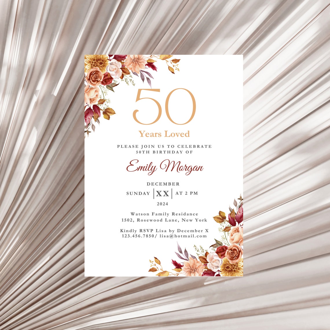 50th Birthday Invitation, Red Floral Fiftieth Card E-invite 5X7, 50s ...