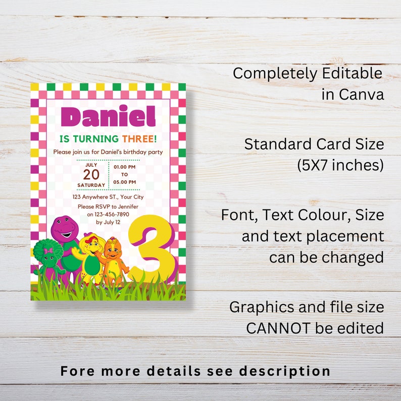 Barney Invitation Purple Dinosaur Third Birthday 5X7 Card DIY Canva ...