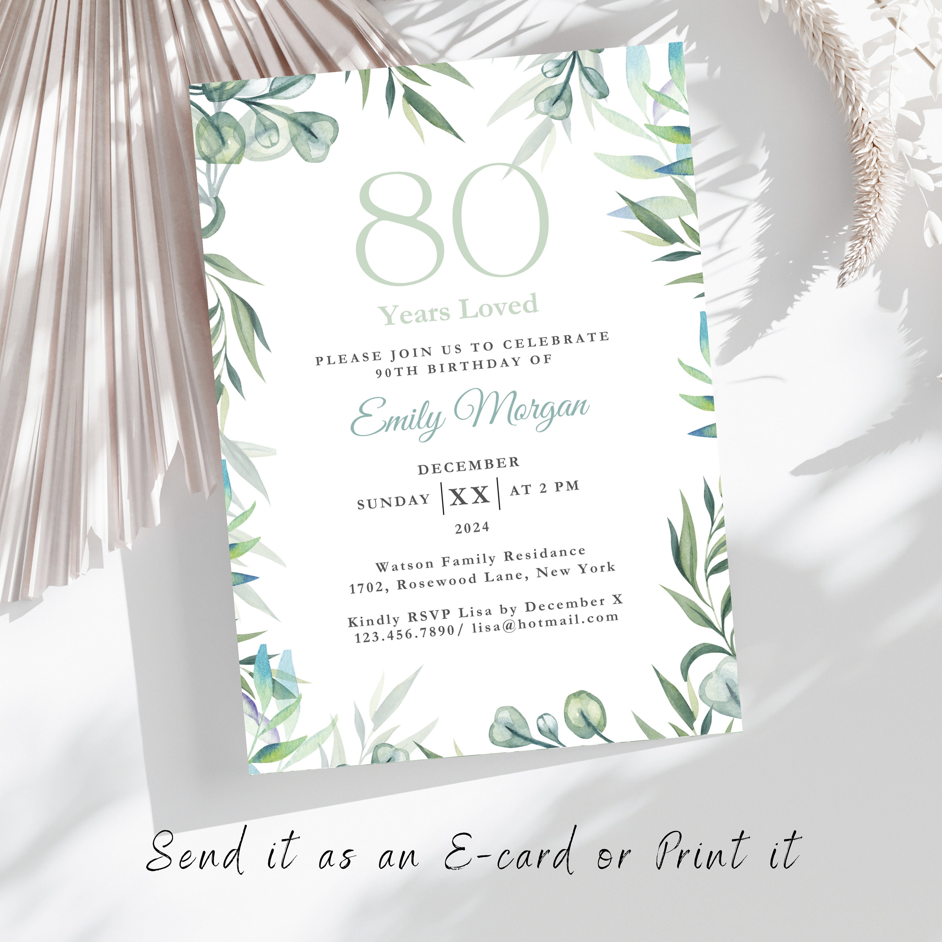 80th Birthday Invitation, Eucalyptus Eightieth Card E-invite 5X7, 80s ...
