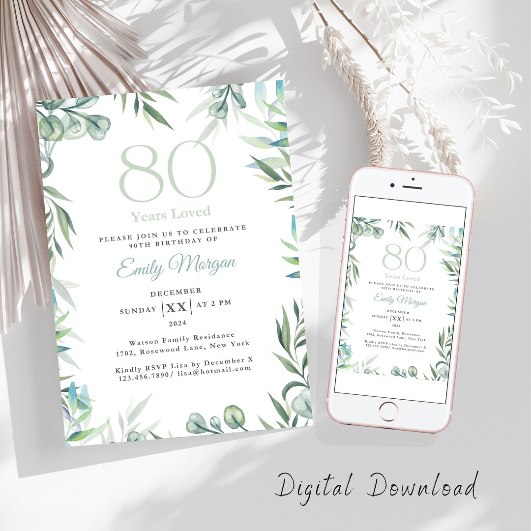 80th Birthday Invitation, Eucalyptus Eightieth Card E-invite 5X7, 80s ...