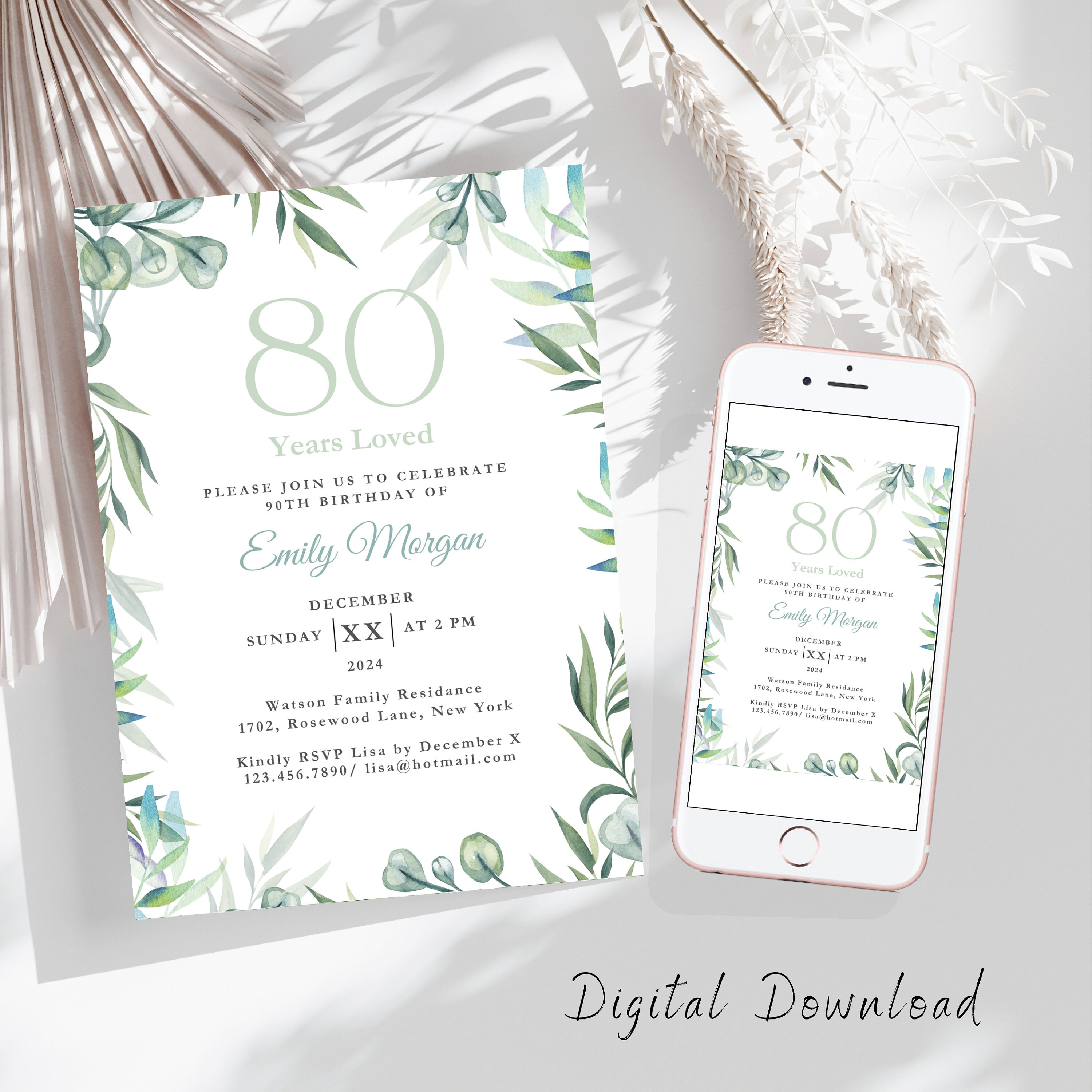 80th Birthday Invitation, Eucalyptus Eightieth Card E-invite 5X7, 80s ...