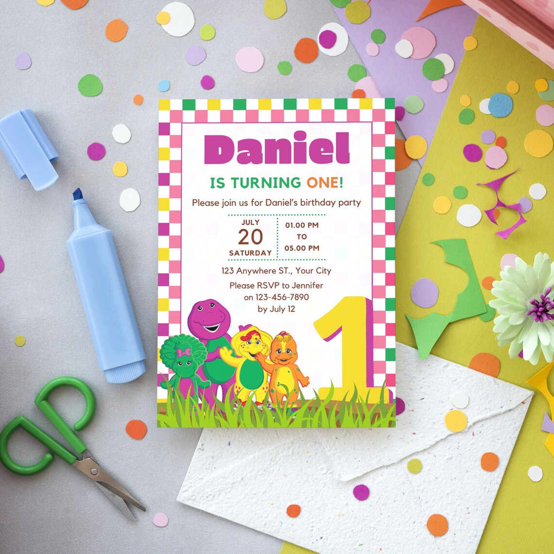 Barney Invitation Purple Dinosaur First Birthday 5X7 Card DIY Canva ...