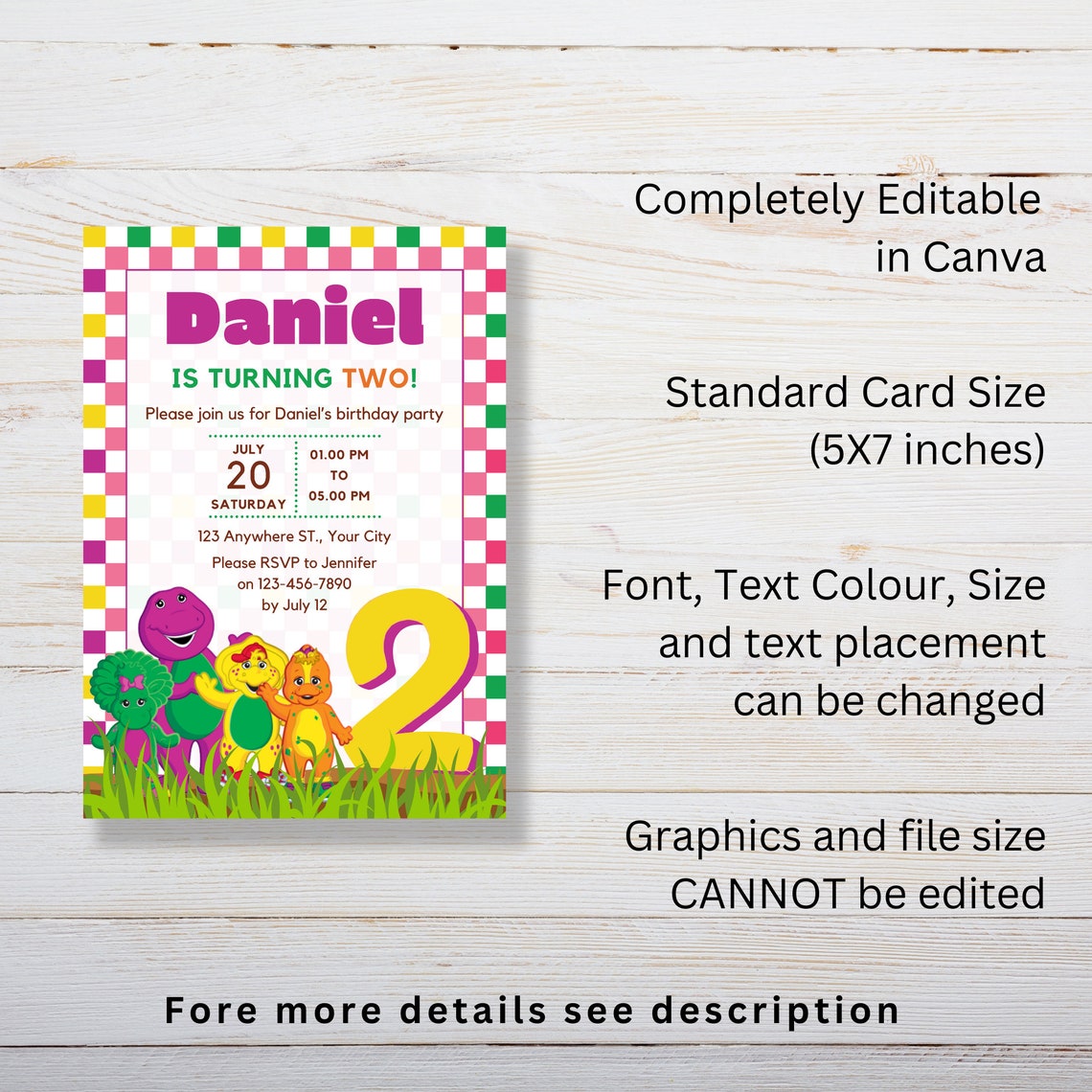 Barney Invitation Purple Dinosaur Second Birthday 5X7 Card DIY Canva ...
