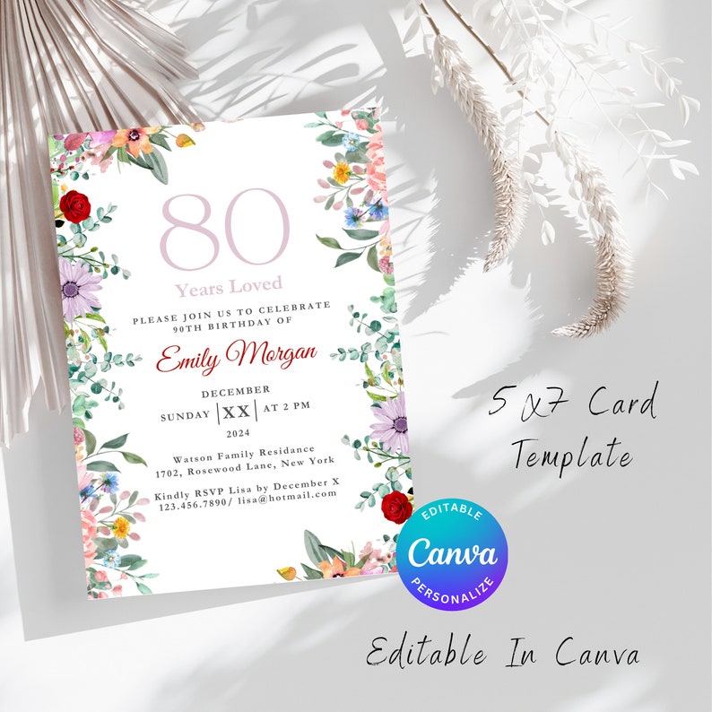 80th Birthday Invitation, Colorful Floral Eightieth Card E-invite 5X7 ...